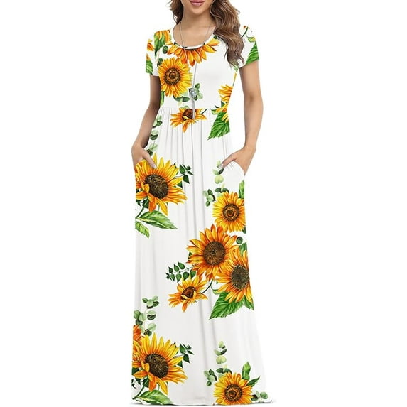 Women's Short Sleeve Loose Plain Maxi Dresses Casual Long Dresses with ...