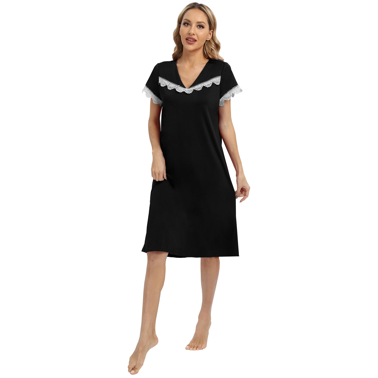Women's Short Sleeve Nightgown Lace V Neck Nightdress Palace Style Soft ...