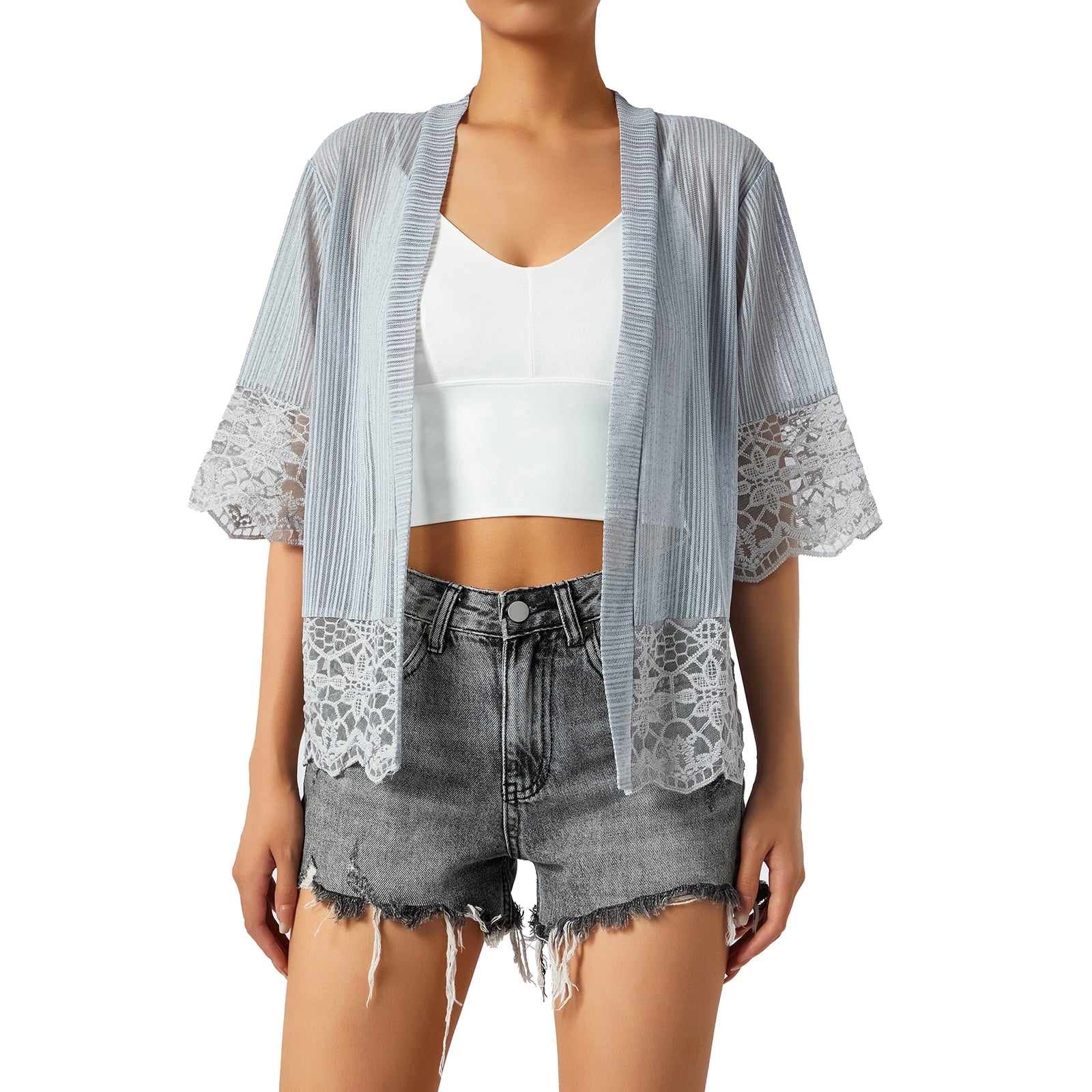 Women's Short Sleeve Open Front Lace Floral Shrug Blouse Lace Patchwork ...