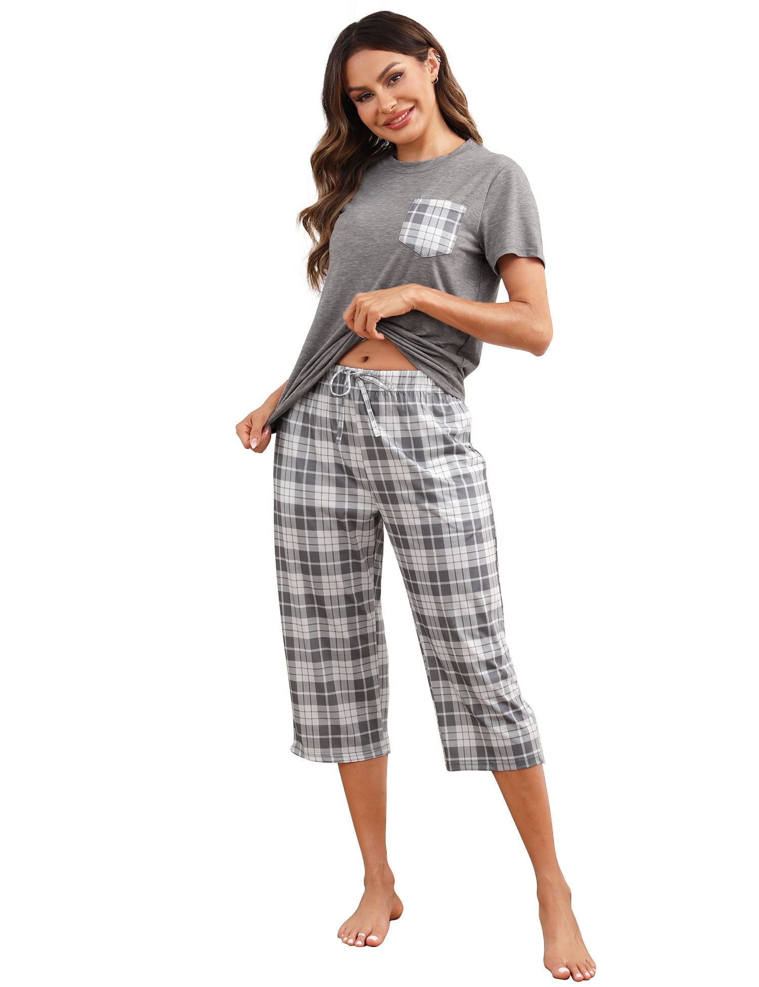 Women's Short Sleeve Pajamas Sets with Capri Pants 2 Piece Womens Capri ...