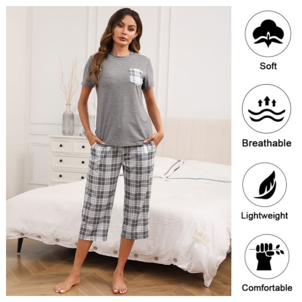 Women's Short Sleeve Pajamas Sets with Capri Pants 2 Piece Womens Capri ...
