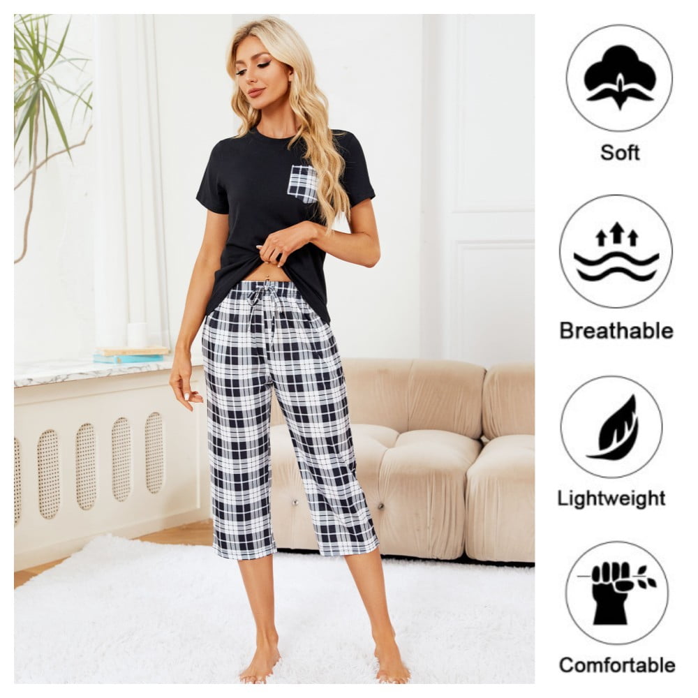 Women's Short Sleeve Pajamas Sets with Capri Pants 2 Piece Womens Capri ...