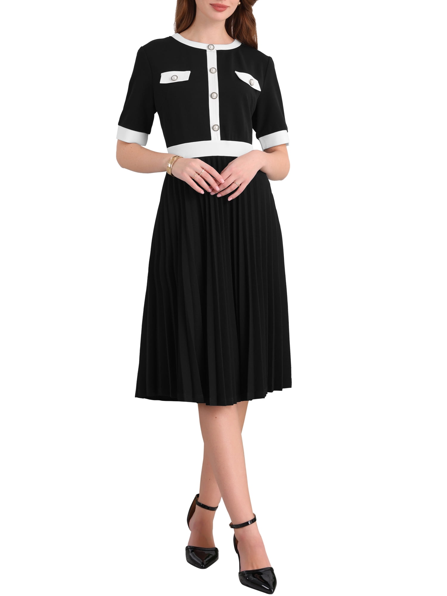 Women's Short Sleeve Pleated Dress 2025 Trendy Contrast Color Casual ...