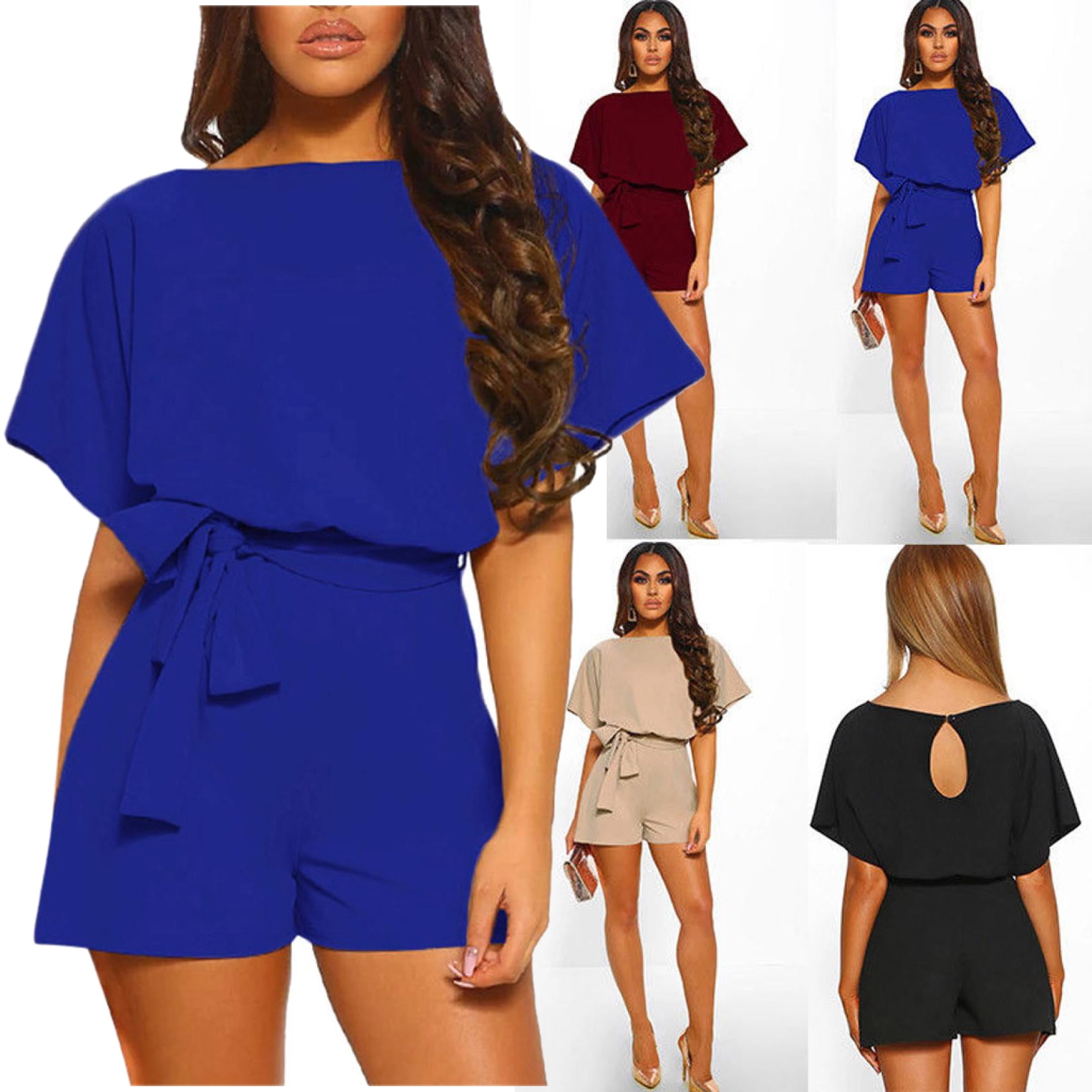 Women's Short Sleeve Rompers, One Piece Summer Shorts Jumpsuits Belted ...