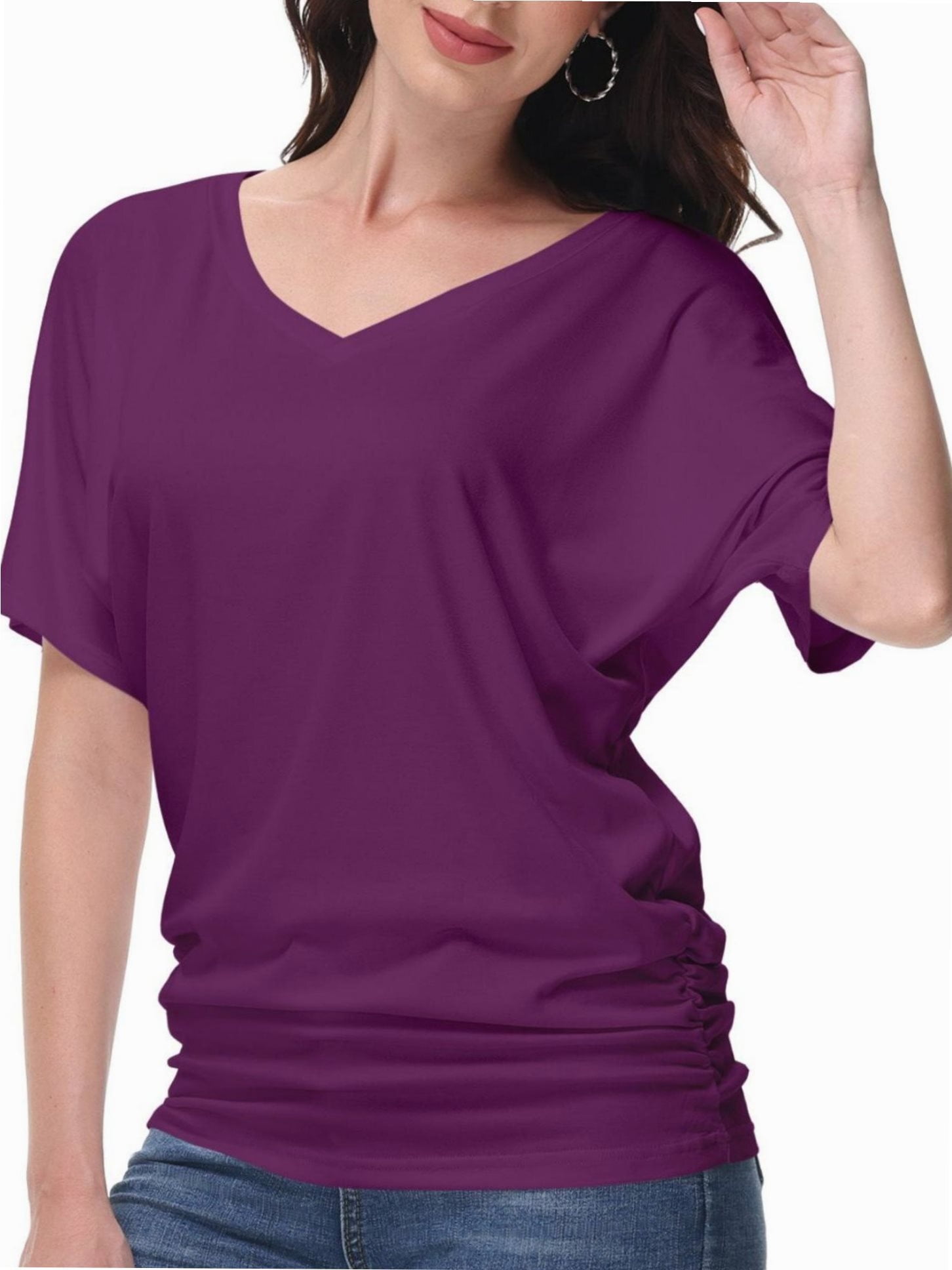 Women's V-Neck Dolman Top - Short Sleeve Solid Color Blouse with Side ...