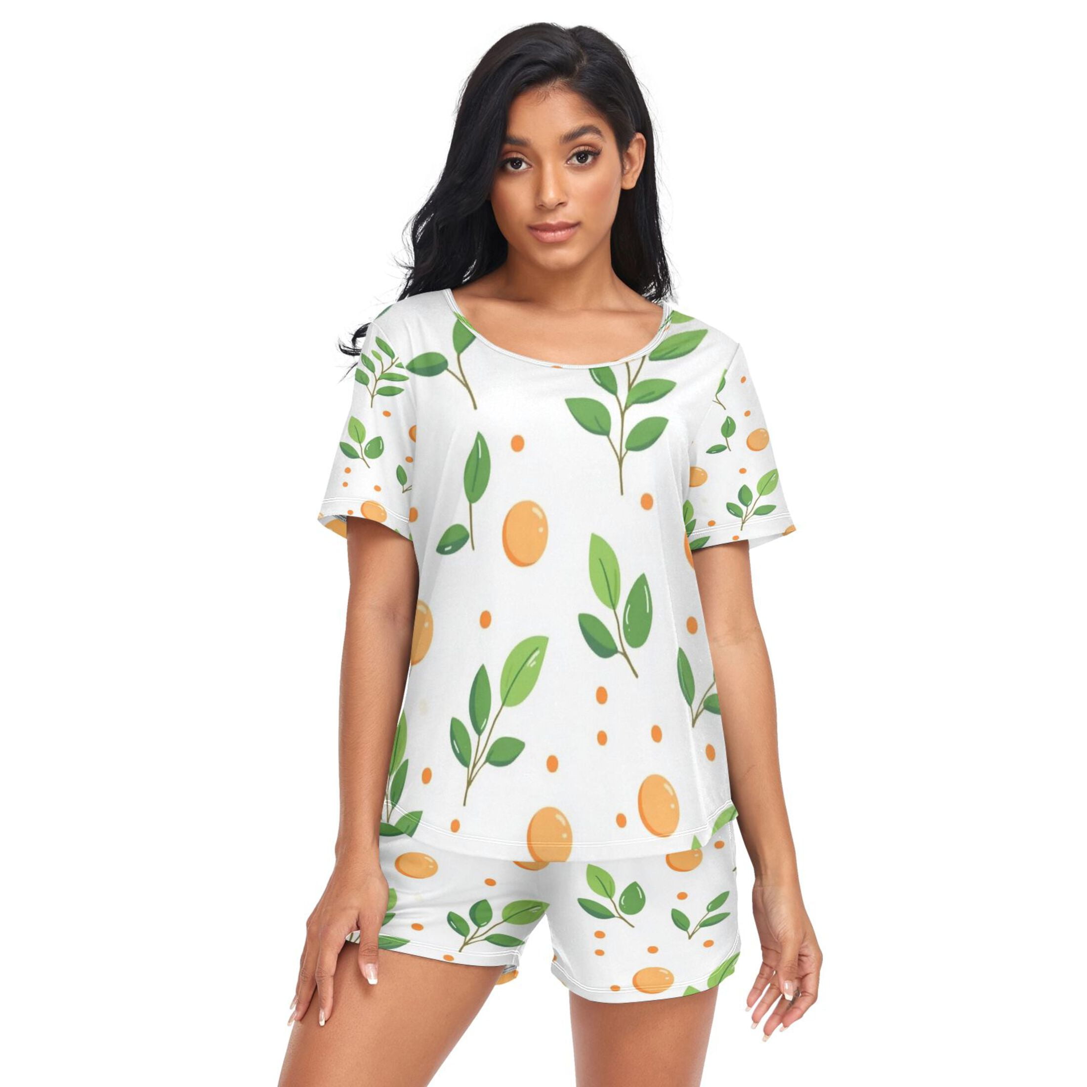 Women's Short Sleeve Sleepwear Set Peach Fruit and Leafy Pajama Sets ...