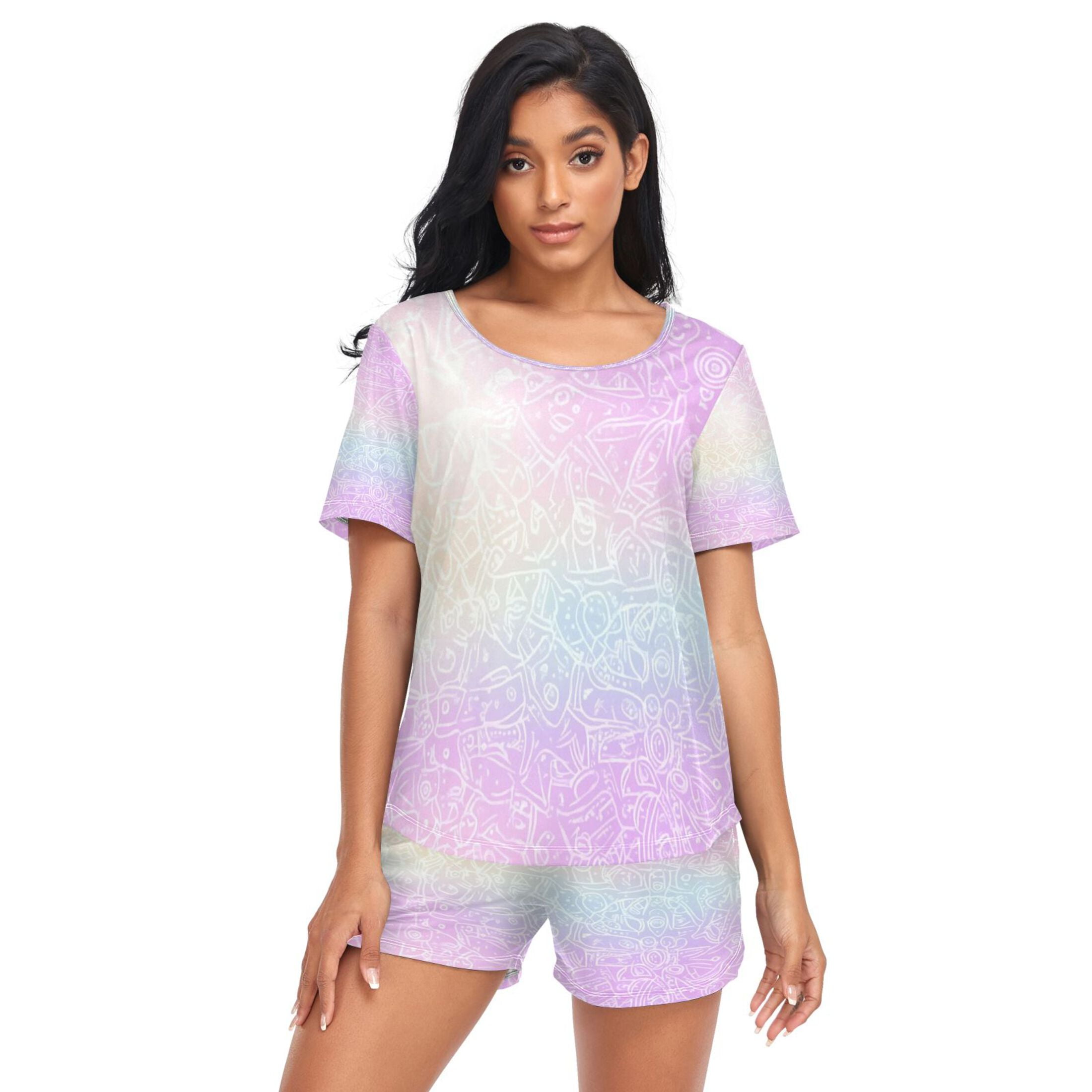 Women's Short Sleeve Sleepwear Set Pink Rainbow Gradient Background ...