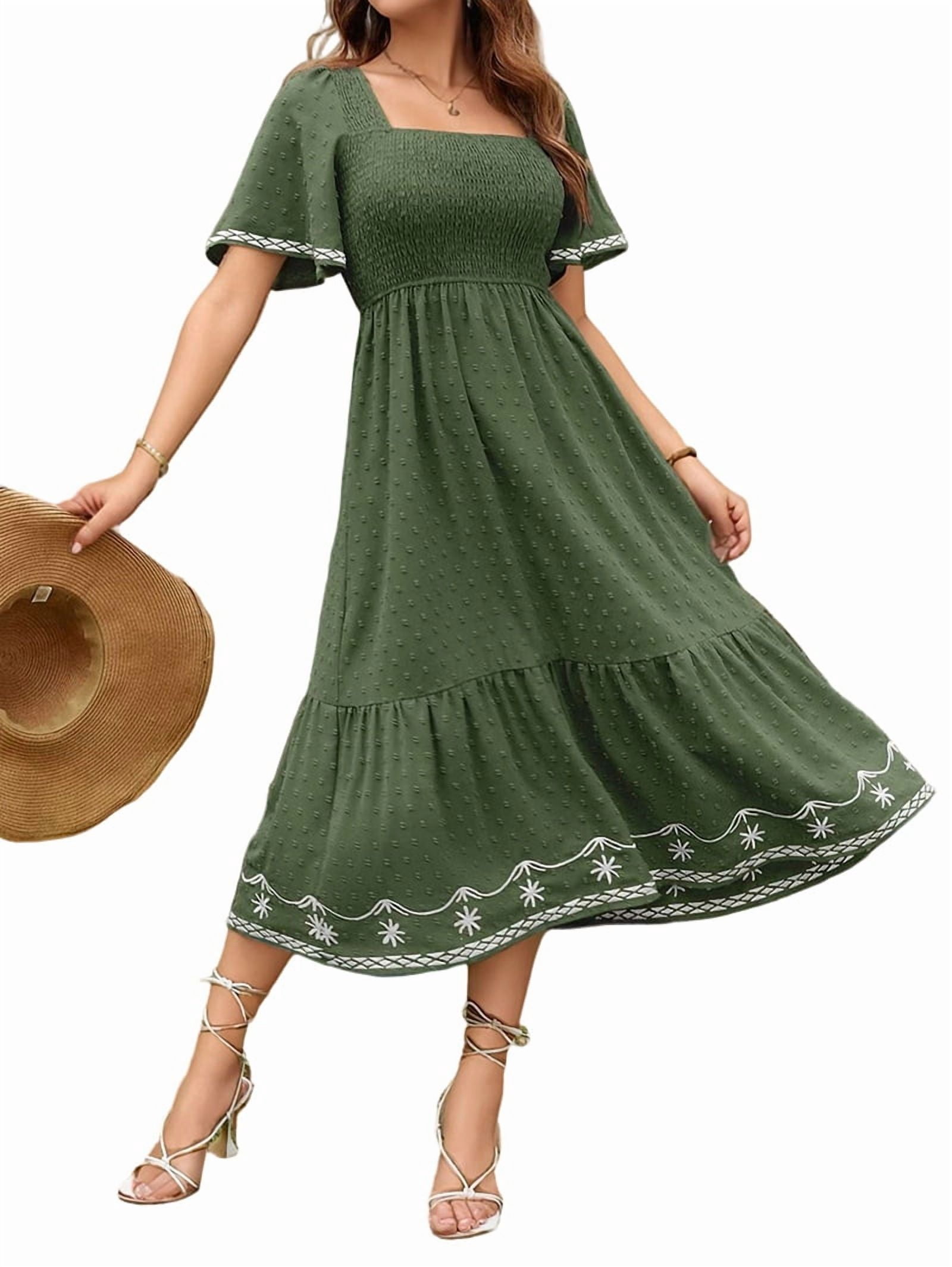Women's Short Sleeve Smocked Square Neck A Line Summer Flowy Maxi Long ...