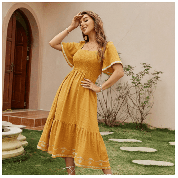 Women's Short Sleeve Smocked Square Neck A Line Summer Flowy Maxi Long ...