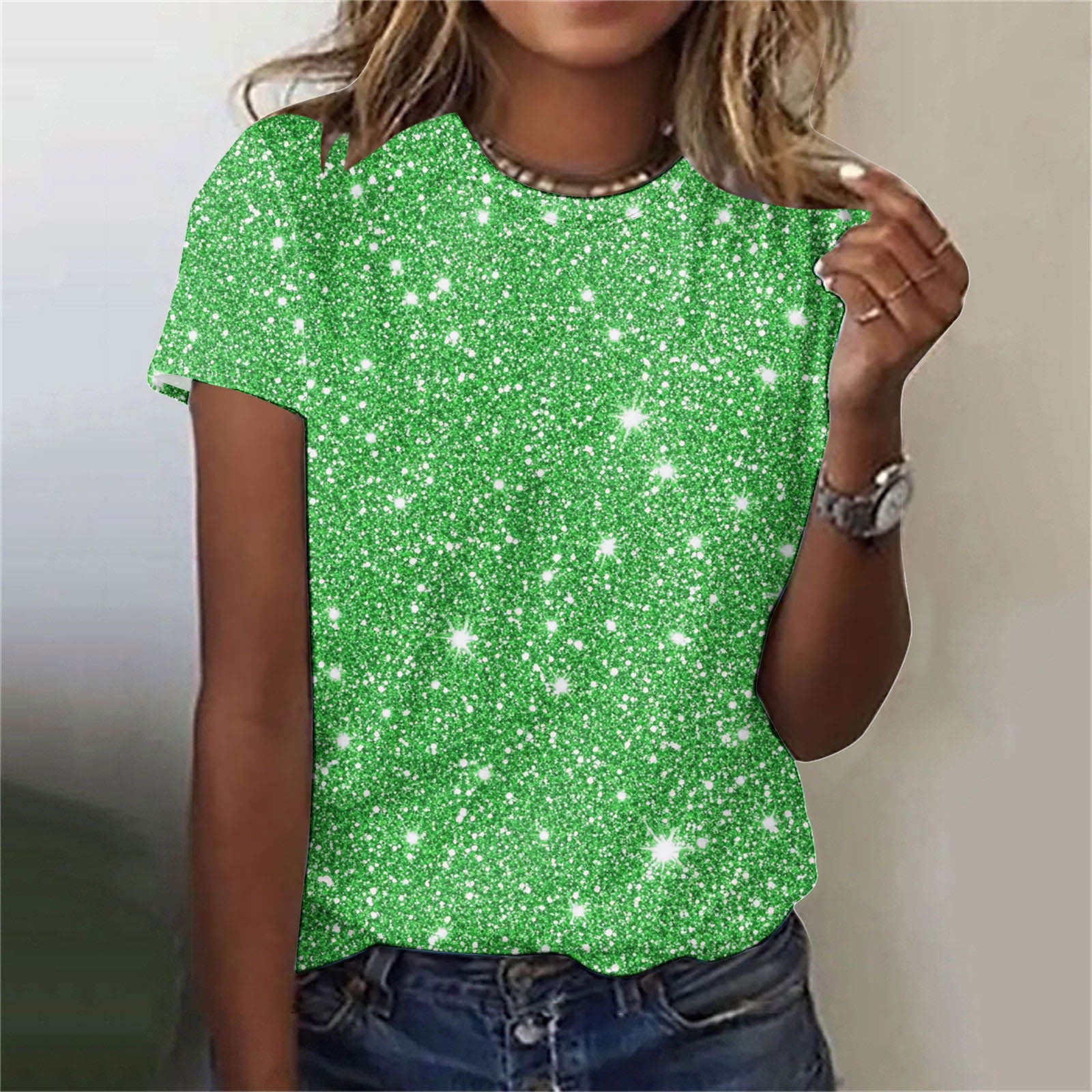 Plus Size Blouse for Women Summer Fashion Sequin Tops Crew Neck Sequin ...