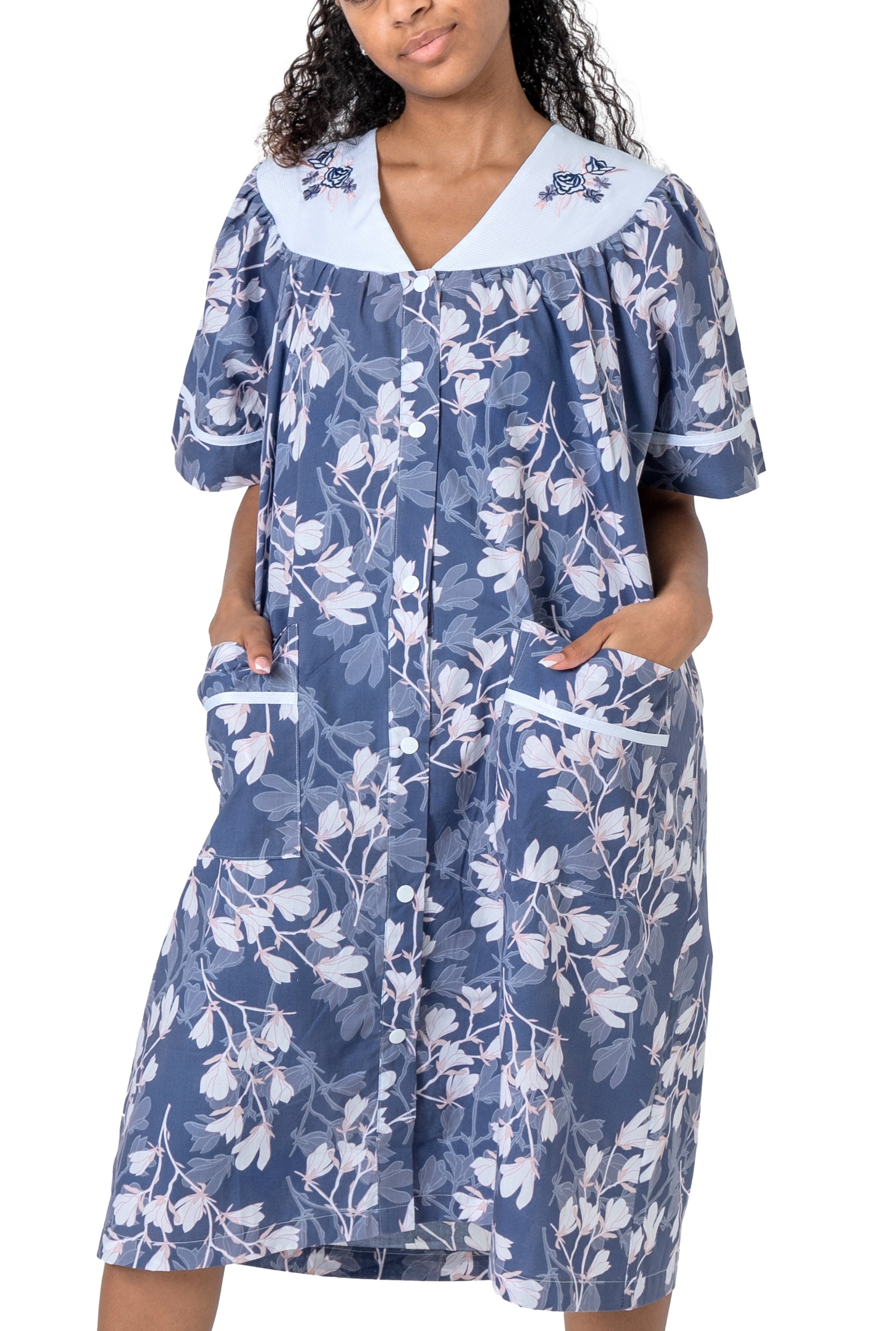 Women's Short Sleeve Woven Snap-Front Closure Floral Embroidery ...