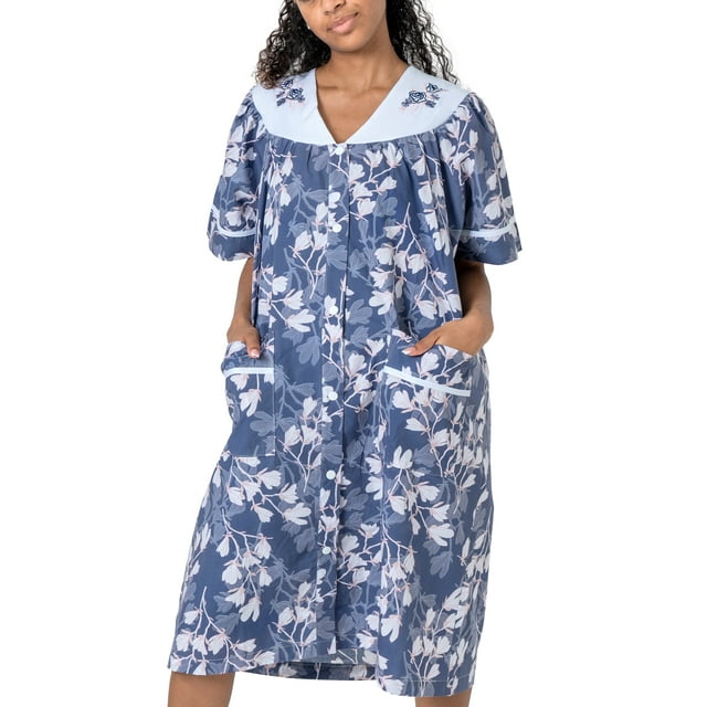 Women's Short Sleeve Woven Snap-Front Closure Floral Embroidery ...