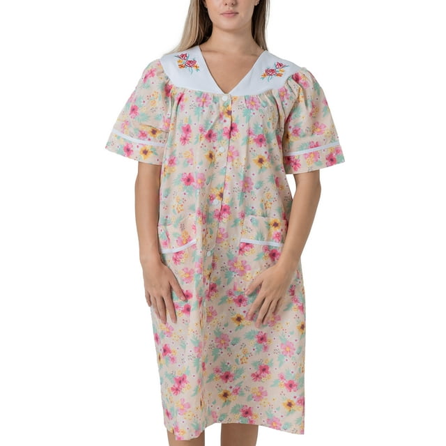 Women's Short Sleeve Woven Snap-Front Closure Floral Embroidery ...