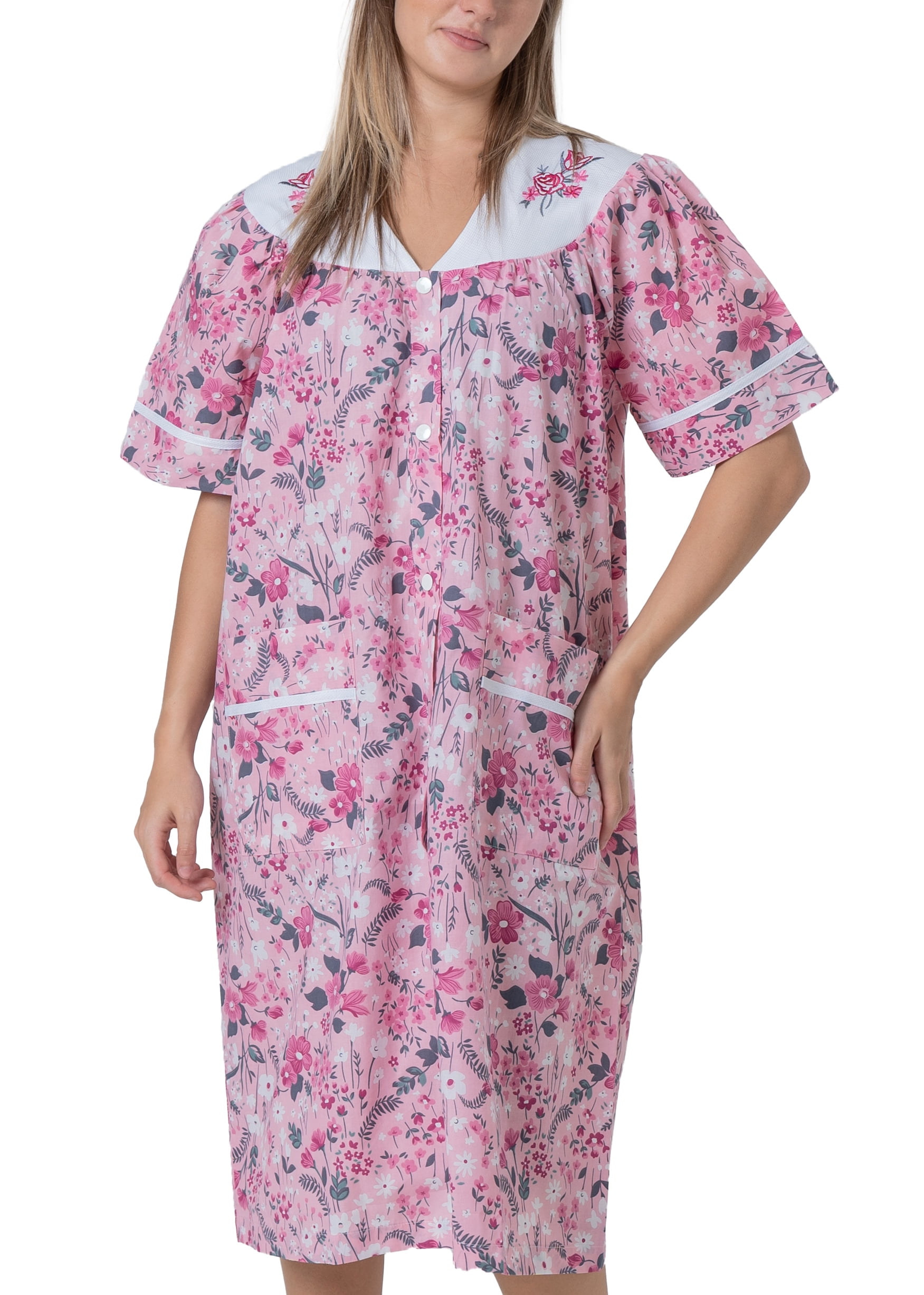 Women's Short Sleeve Woven Snap-Front Closure Floral Embroidery ...