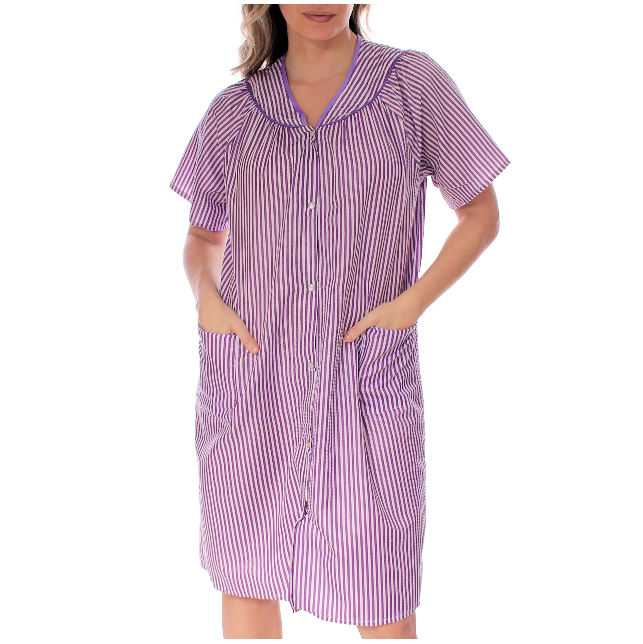 Women's Short Sleeve Woven Snap-Front Closure Housecoat Duster Lounge ...