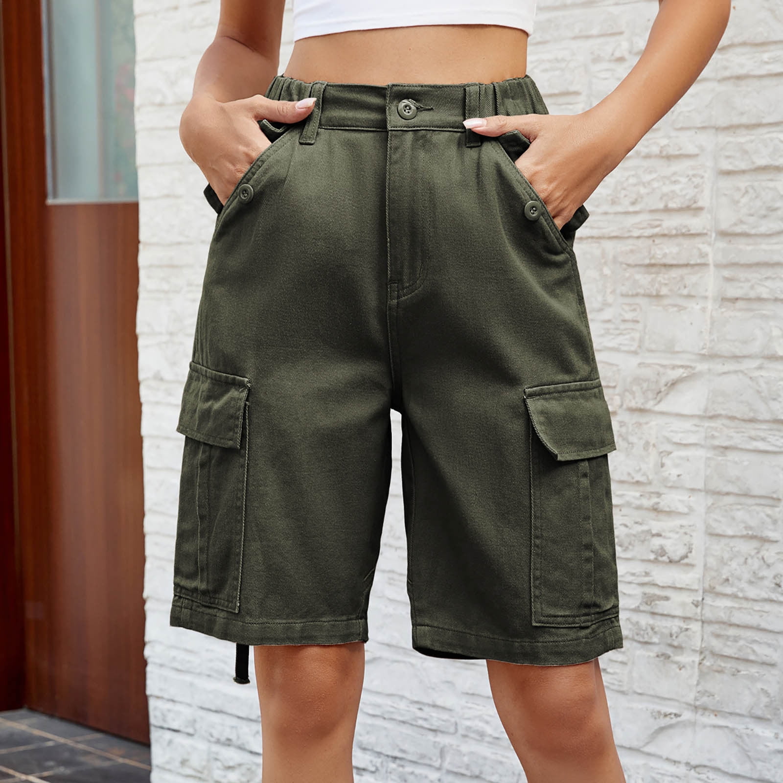 Women's Shorts Knee Length Bermuda Shorts Women Yoga Shorts Army Green XXL Summer Savings ...