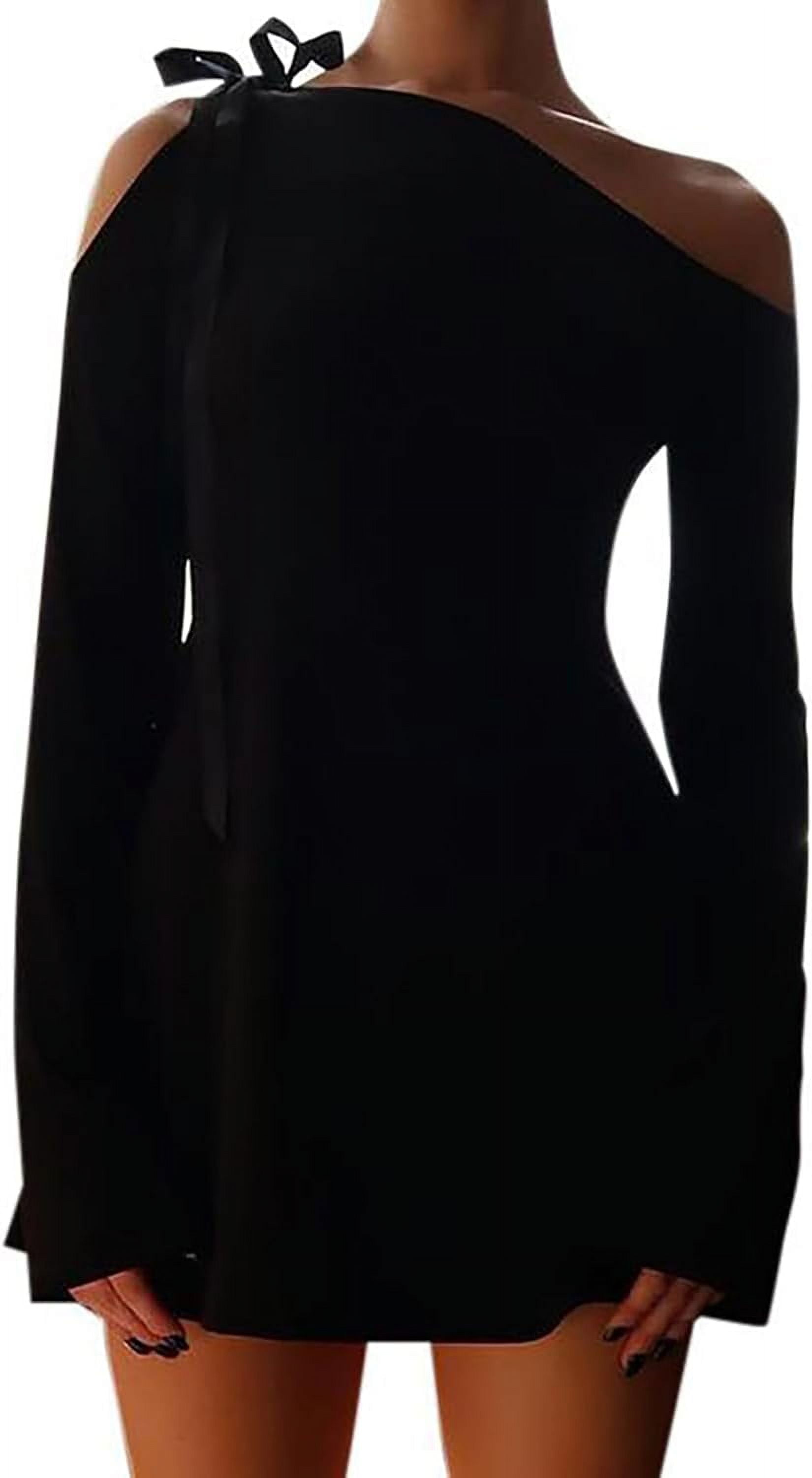 Women's Shoulder Tie Long Sleeve Asymmetrical Dress Boat Neck Mini ...