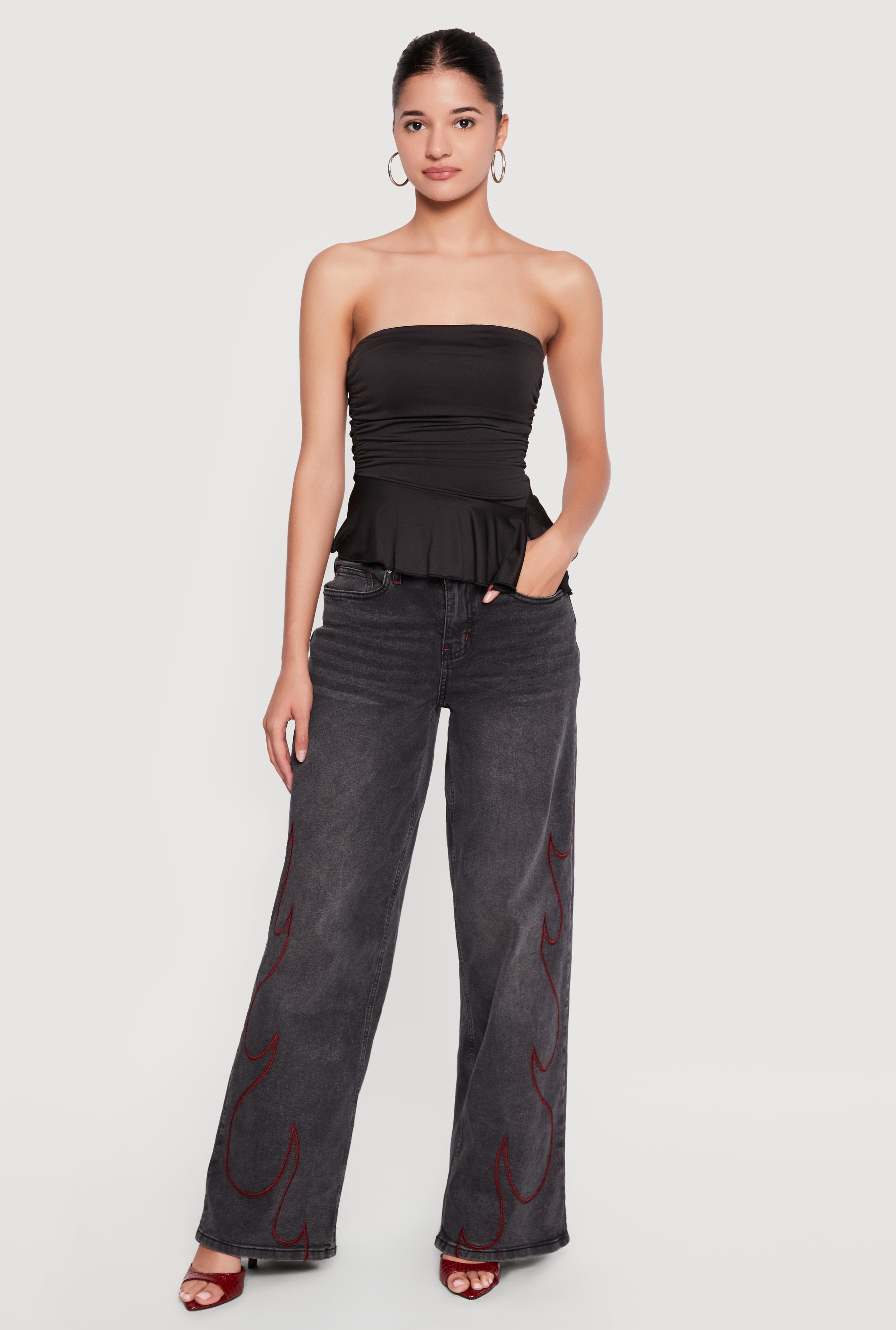 Women's Side Ruched Ruffle Trim Peplum Crop Top - Walmart.com