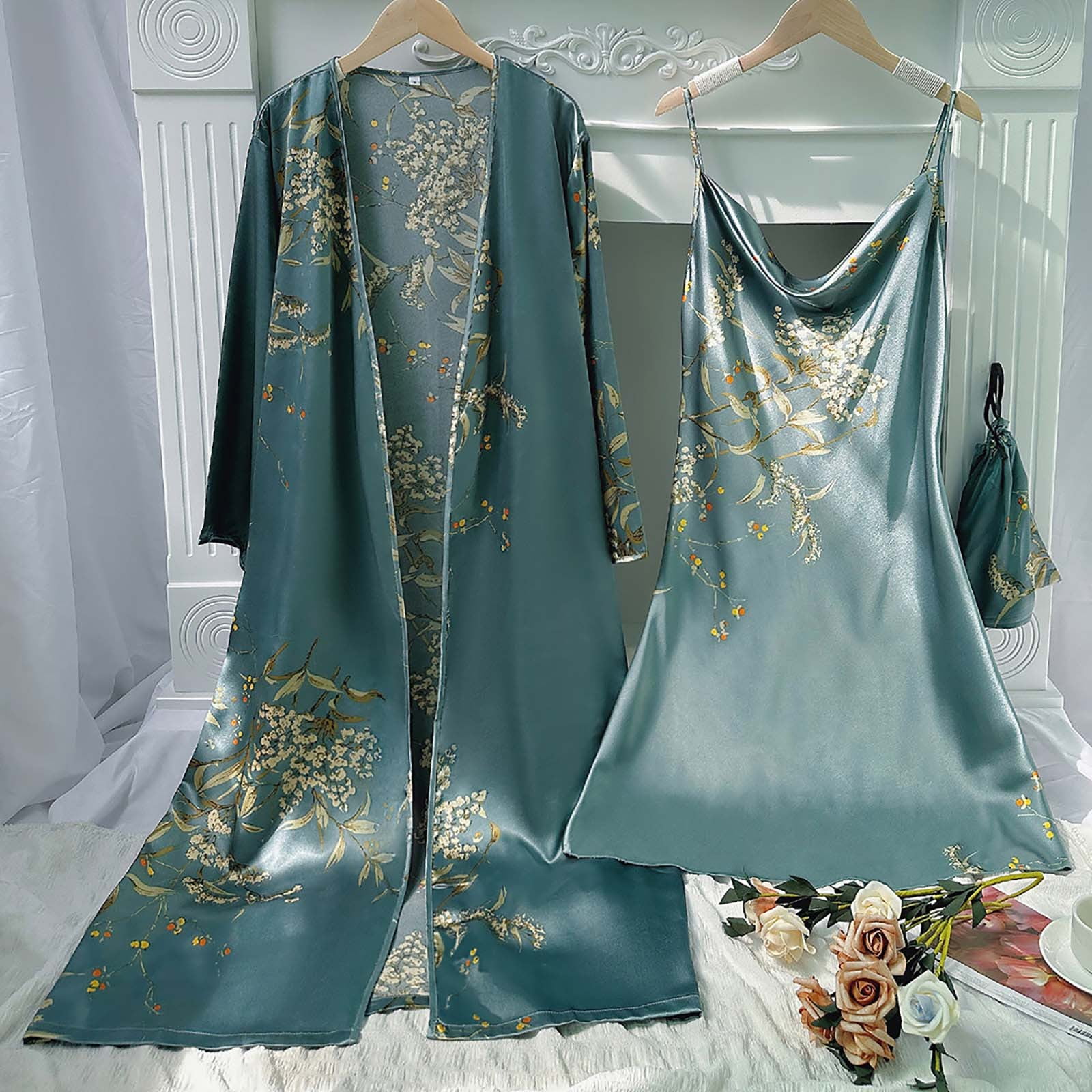 Women's Silk Pajama Sets Thin Satin Robe with Nightgown 2 Piece ...