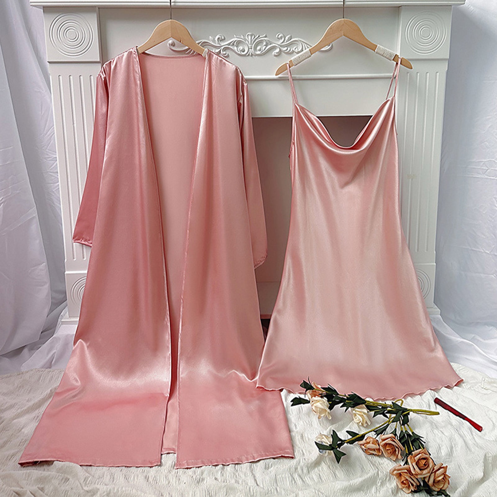 Women's Silk Pajama Sets Thin Satin Robe with Nightgown 2 Piece ...