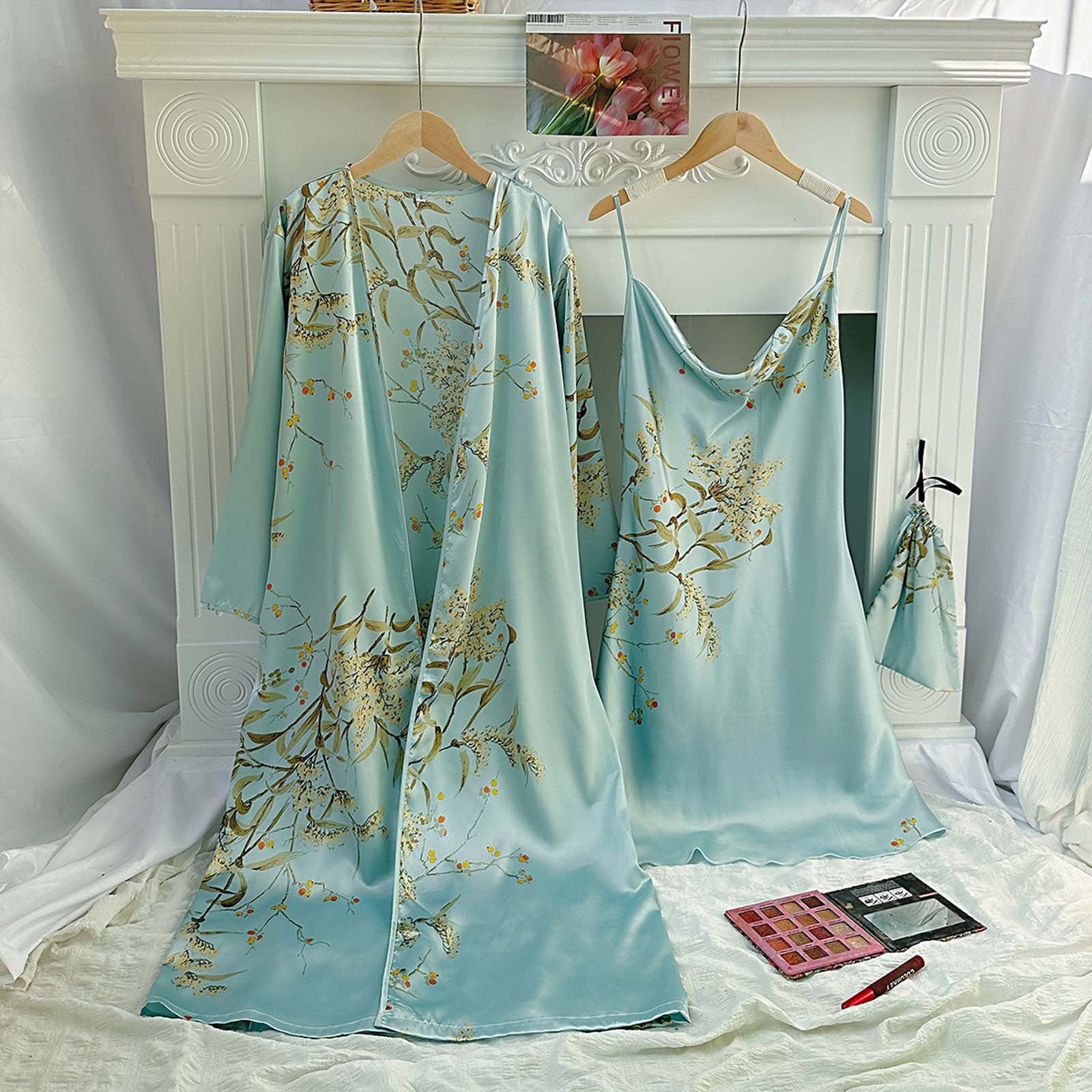 Women's Silk Pajama Sets Thin Satin Robe with Nightgown 2 Piece ...