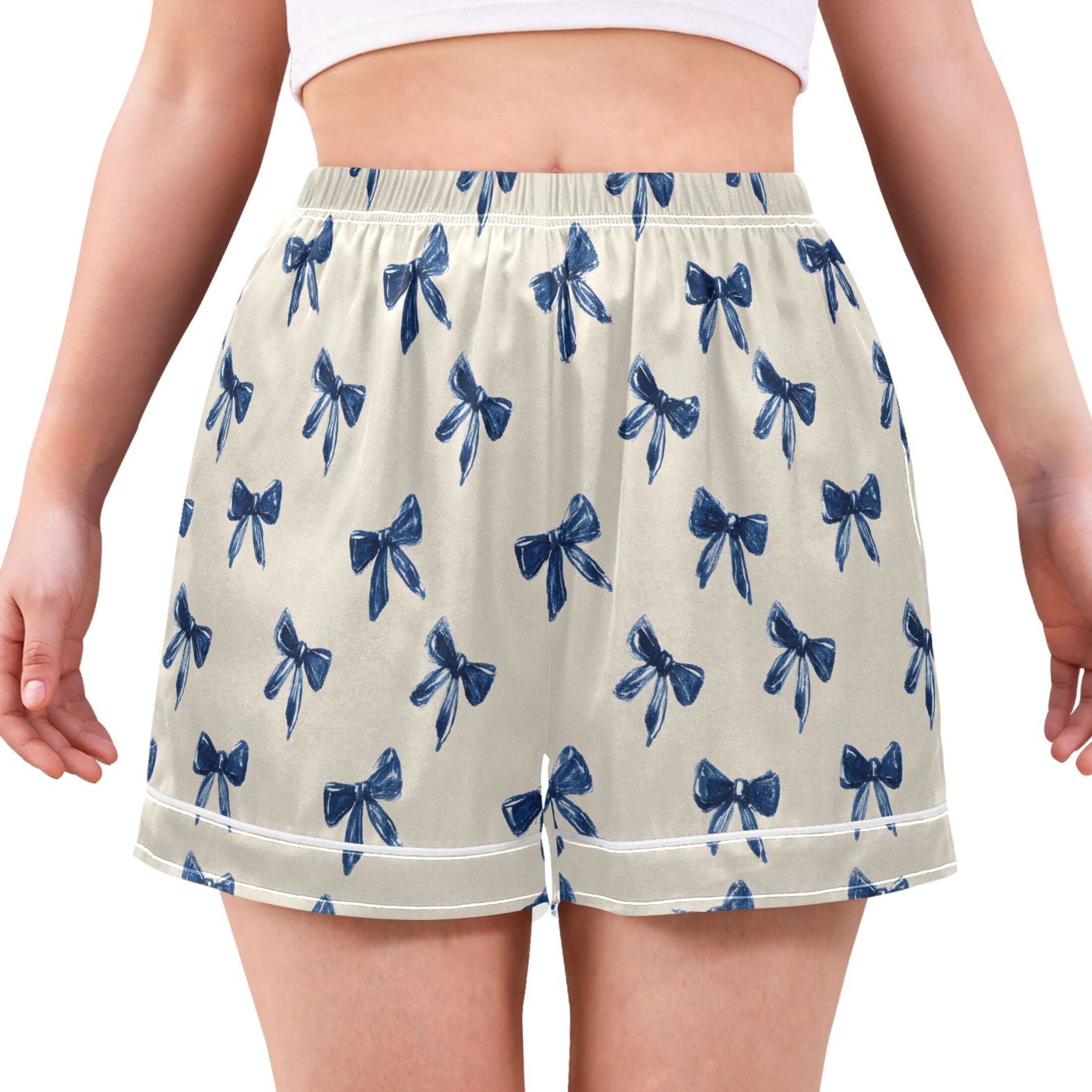 Women's Silk Pajama Shorts Blue Watercolor Bow Pajama Shorts Women's ...