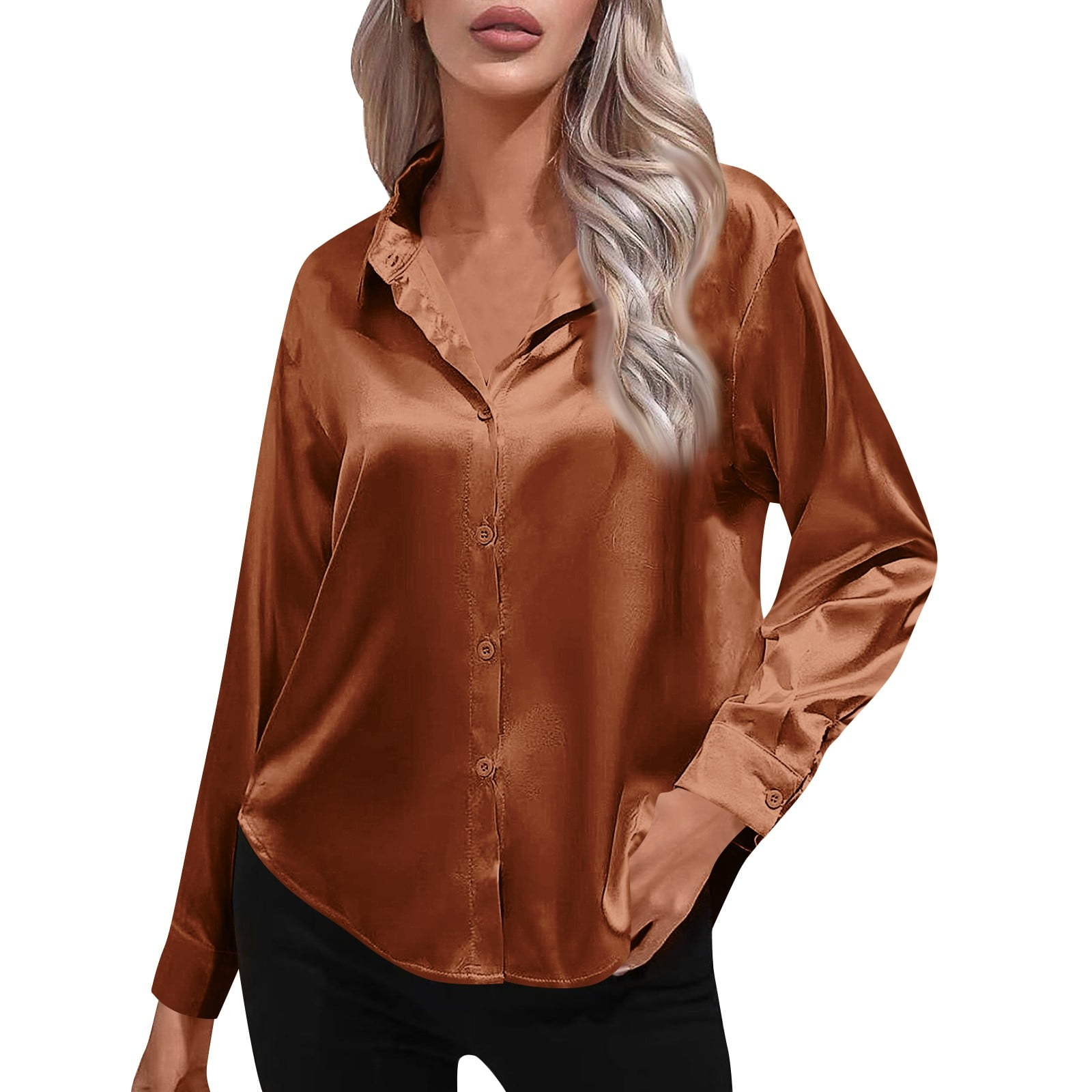 Women's Silk Satin Button-Down Blouse Long Sleeve Casual Shirt with Collared Neck for Office and ...