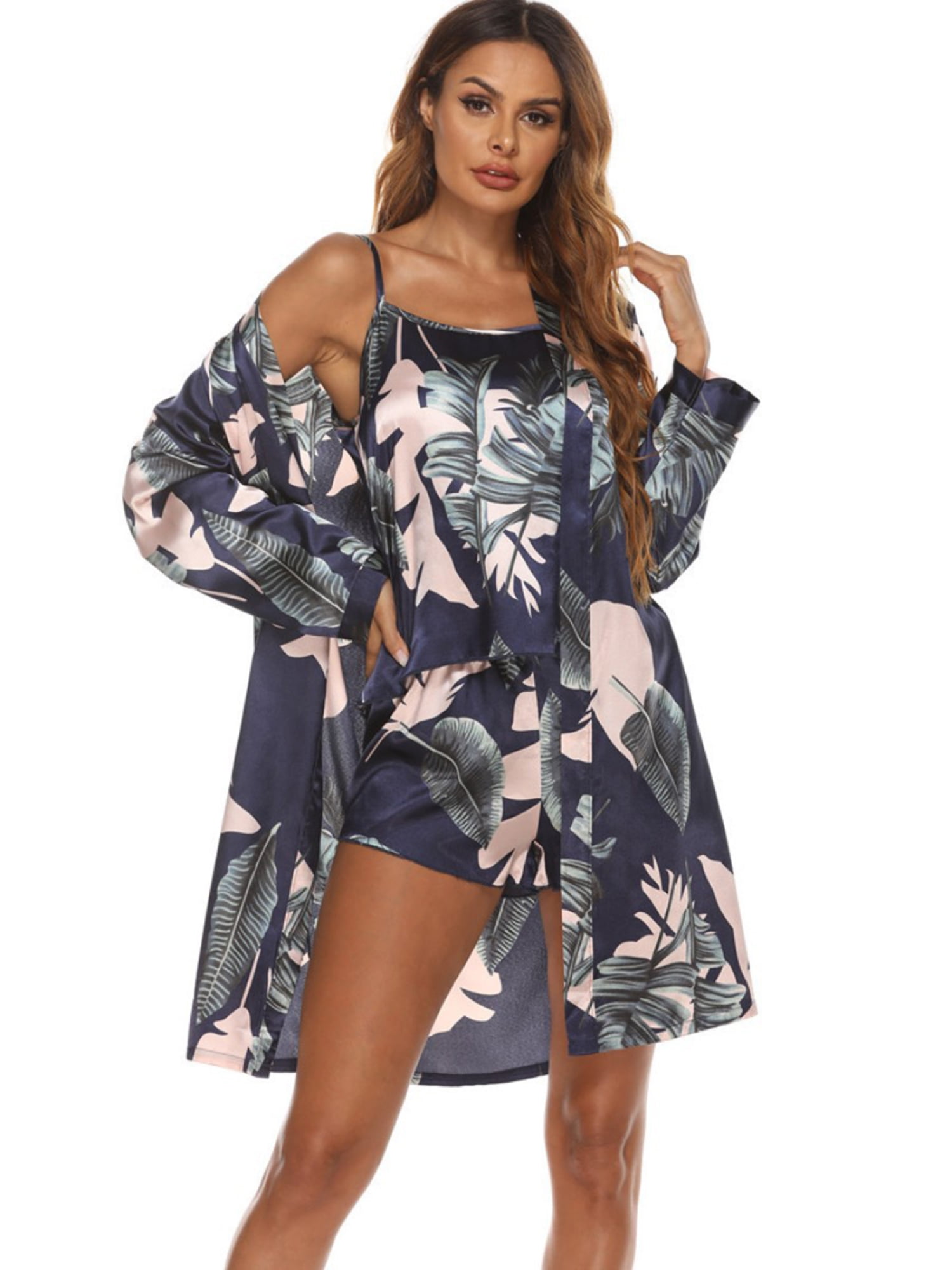 Women's Silk Satin Pajamas Sets 3Pcs Floral Silky Pjs Robe Set with ...