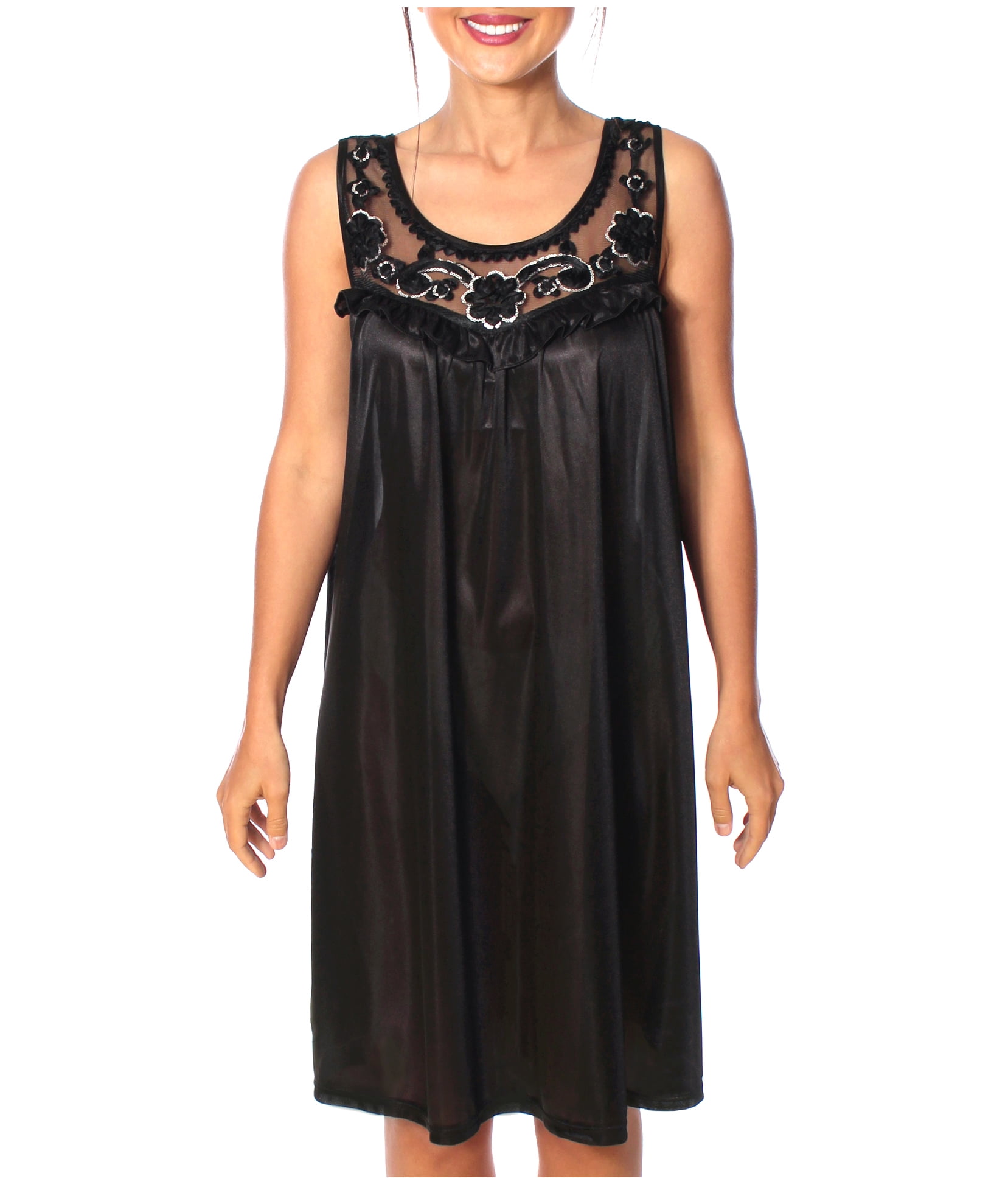 Women's Silky Feeling Sleeveless Sexy Nightgown with Sequins and Ribbon ...