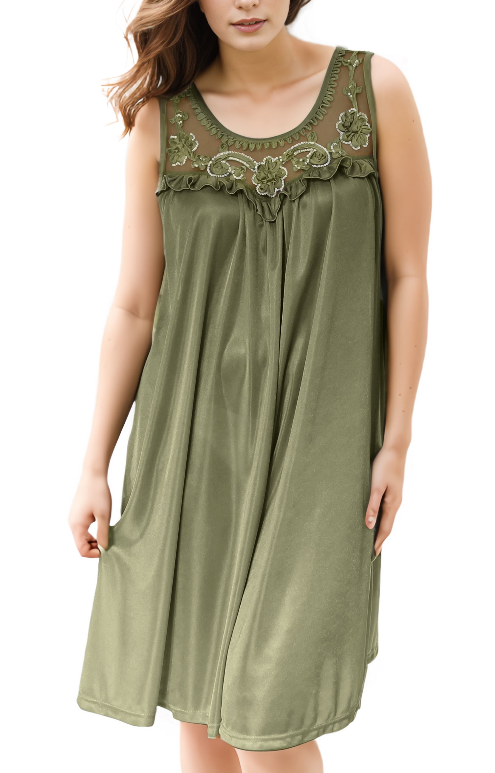 Women's Silky Feeling Sleeveless Sexy Nightgown with Sequins and Ribbon ...