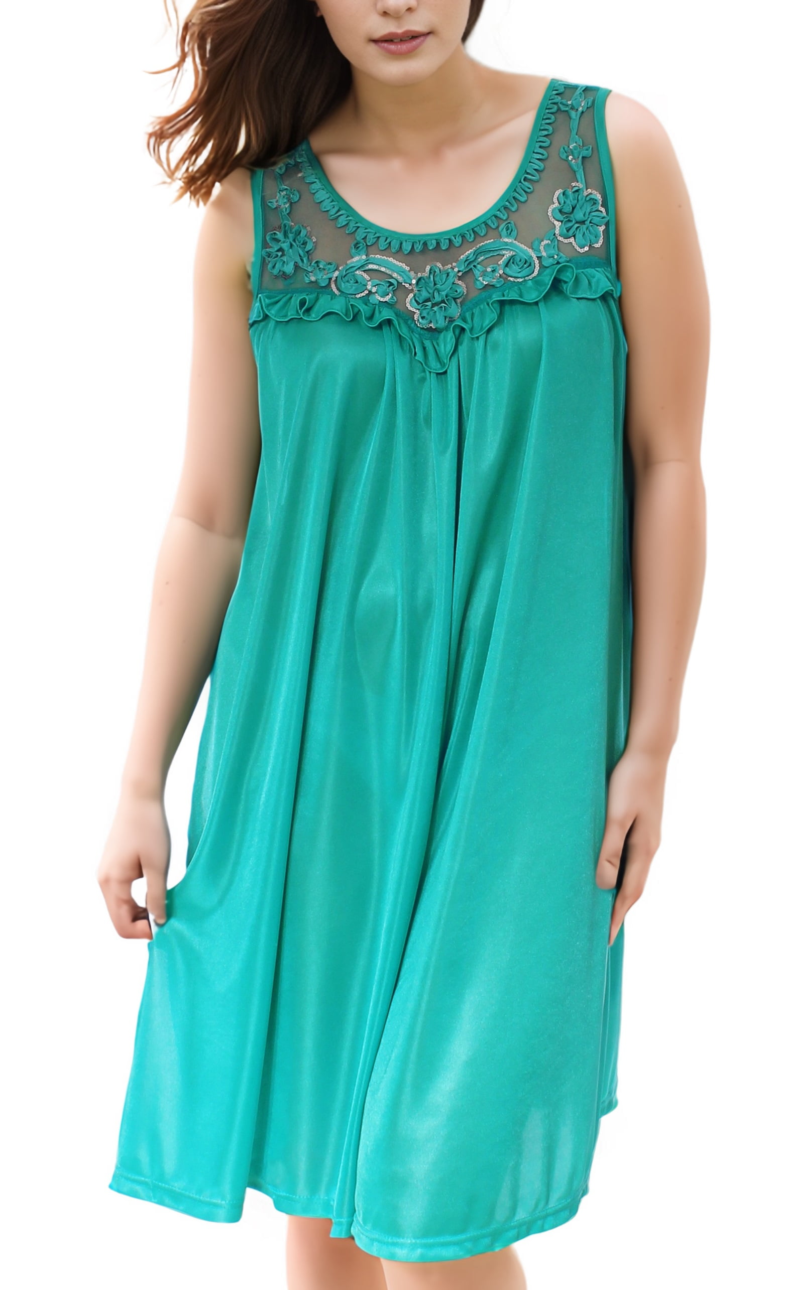 Women's Silky Feeling Sleeveless Sexy Nightgown with Sequins and Ribbon ...