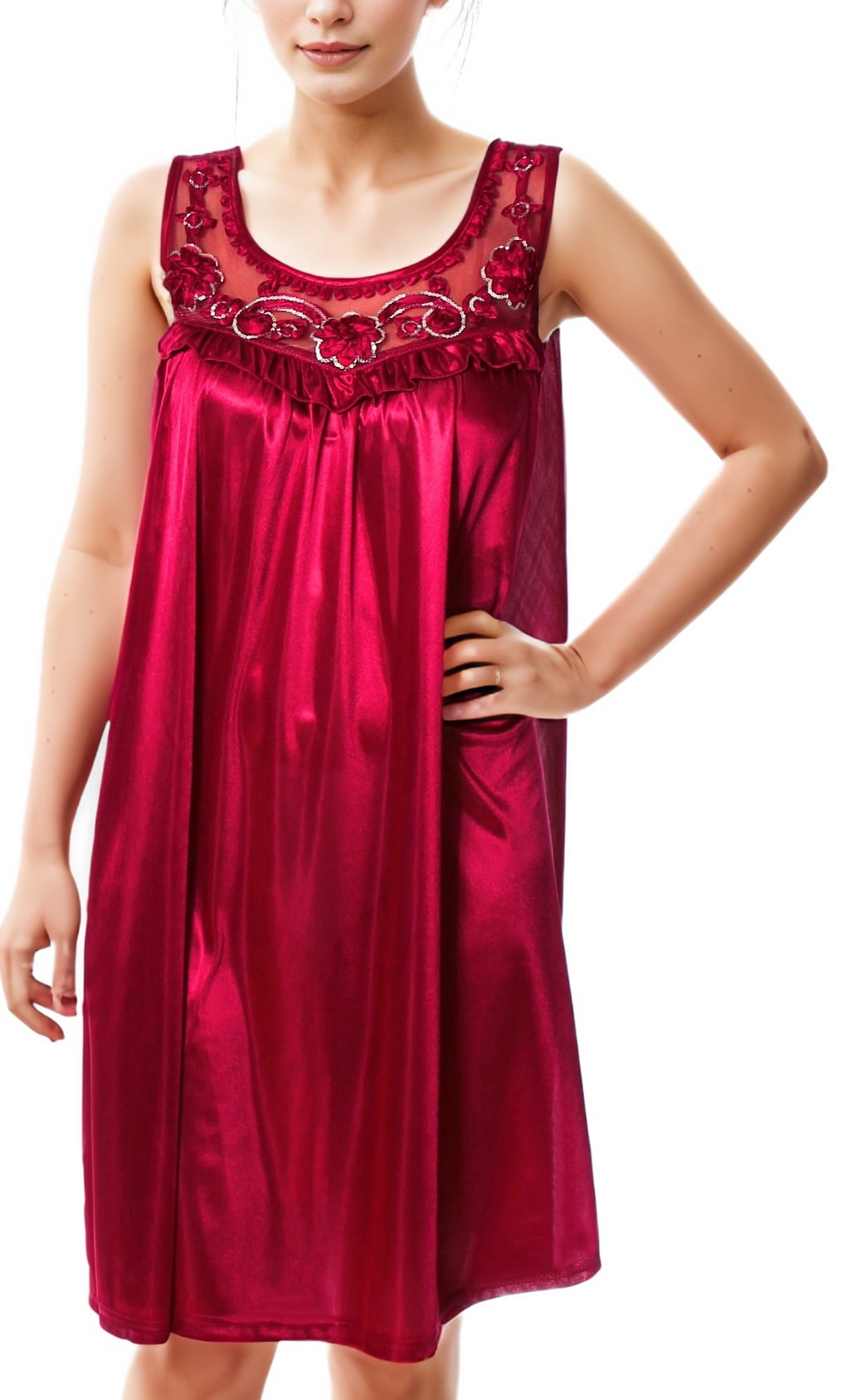 Women's Silky Feeling Sleeveless Sexy Nightgown with Sequins and Ribbon ...