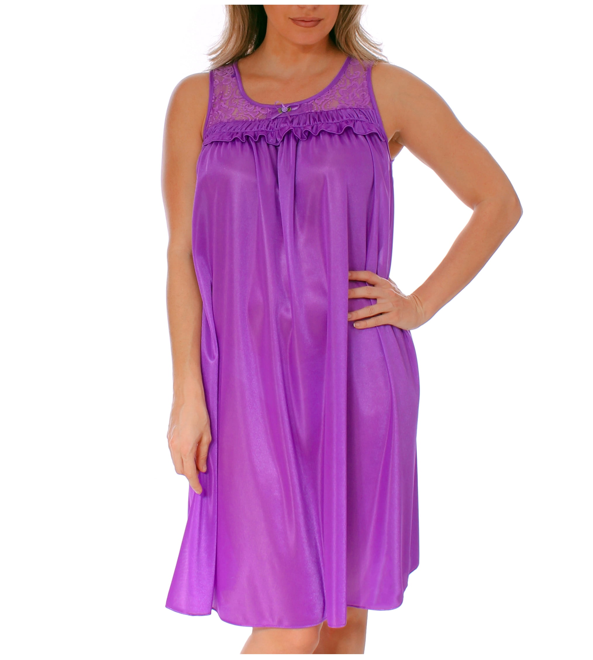 Women's Silky Feeling Sleeveless Tricot Nightgown with Floral Lace ...