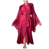 Women's Silky Kimono Robe with Feather Trim - Long Bathrobe with Tie ...