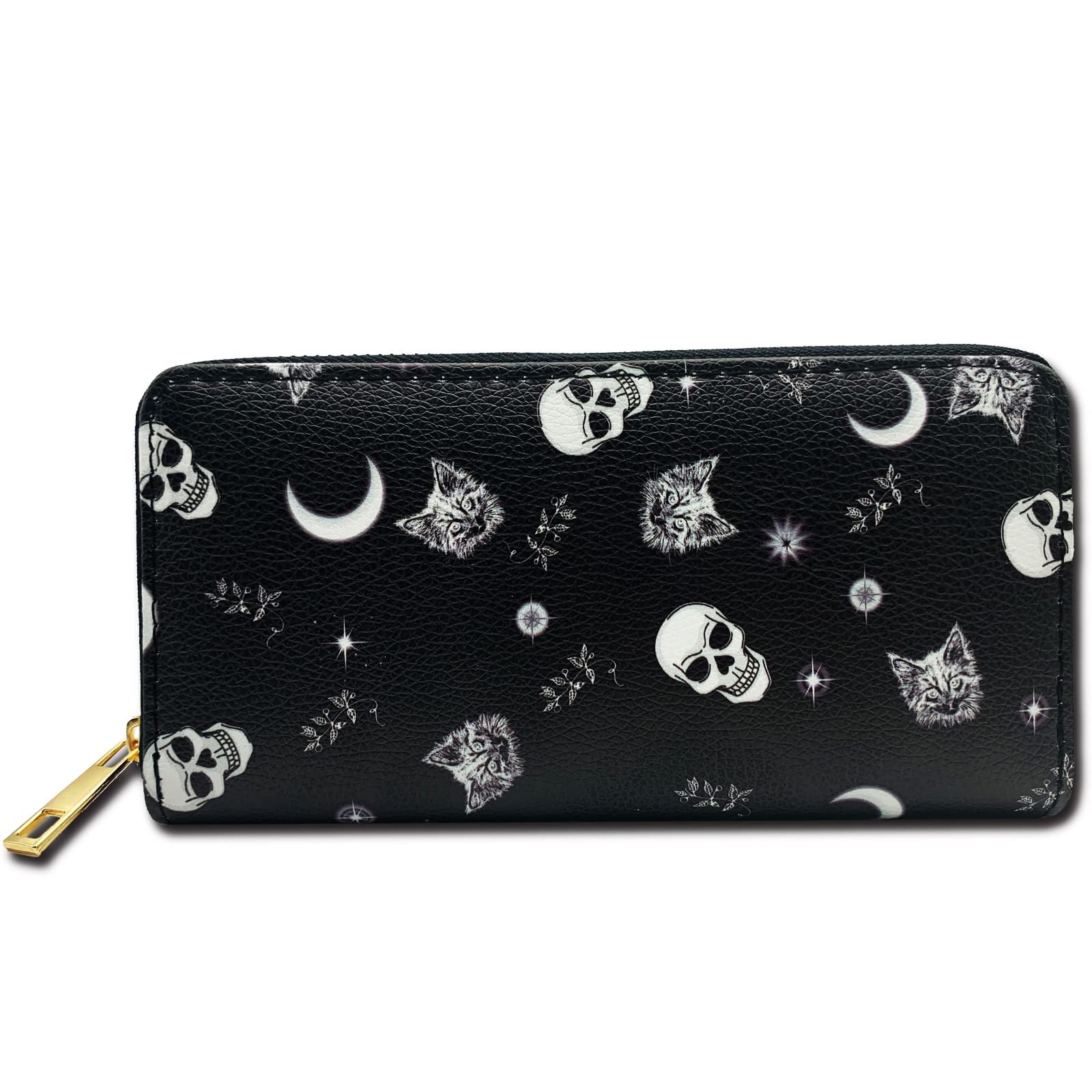 Women's Skull Cat Moon Goth Wallet,Faux Leather Long Wallet,Coin Purse ...