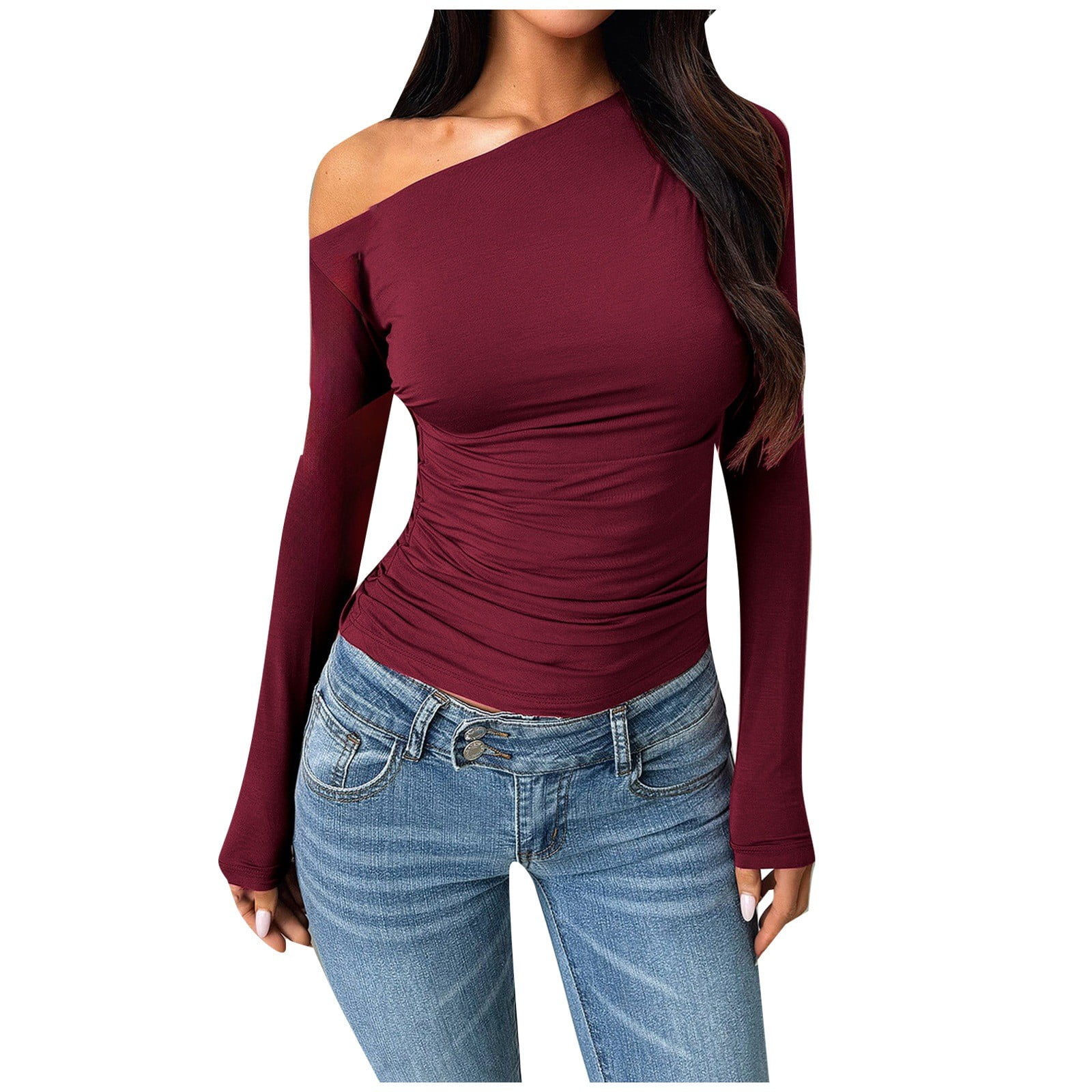Women's Slanted Collar Off Shoulder Long Sleeve Knit Top - Early 2000s ...