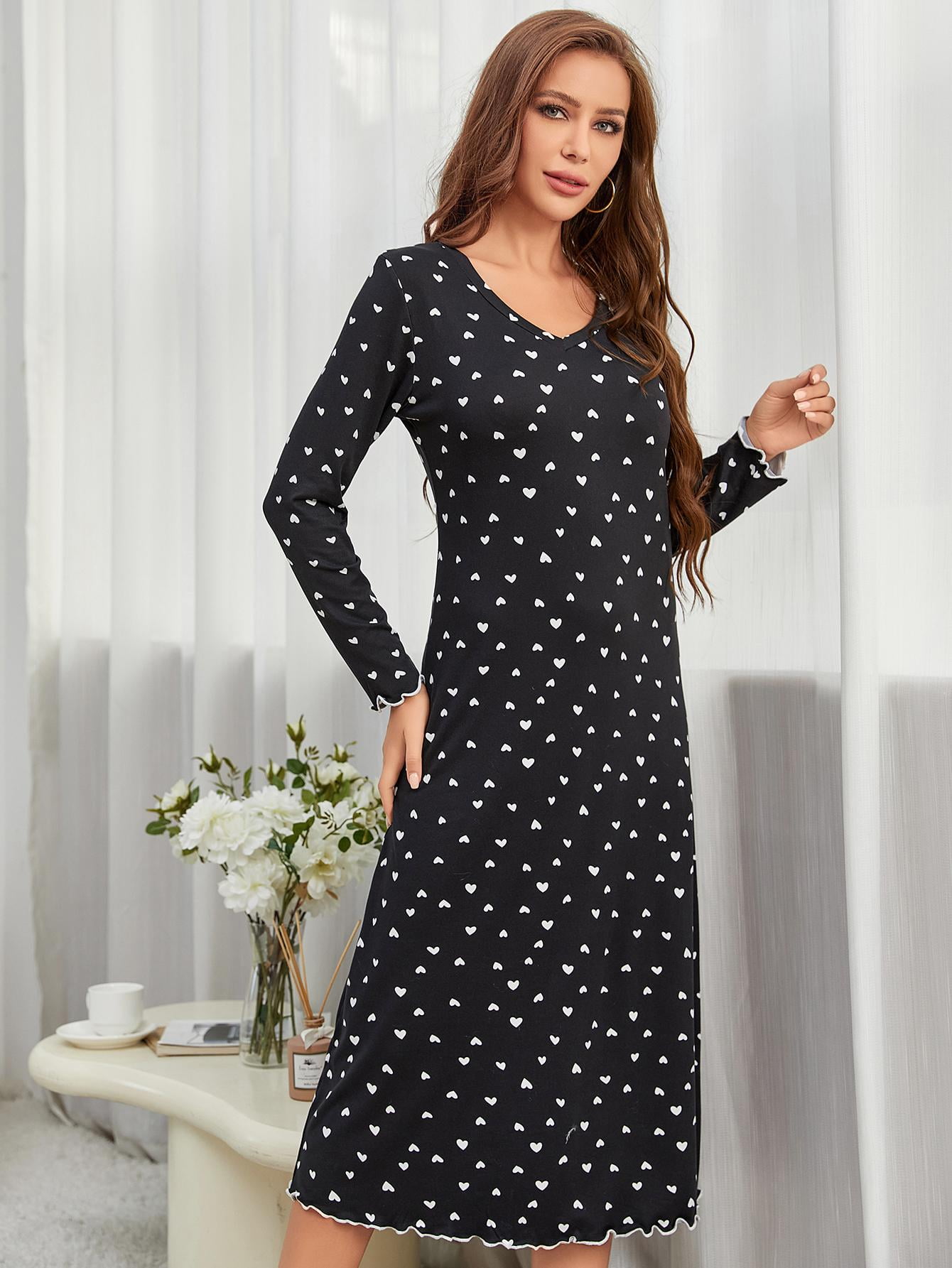 Women's Sleep Dress Soft Pajamas Casual Female Sleepwear Long Sleeved V ...