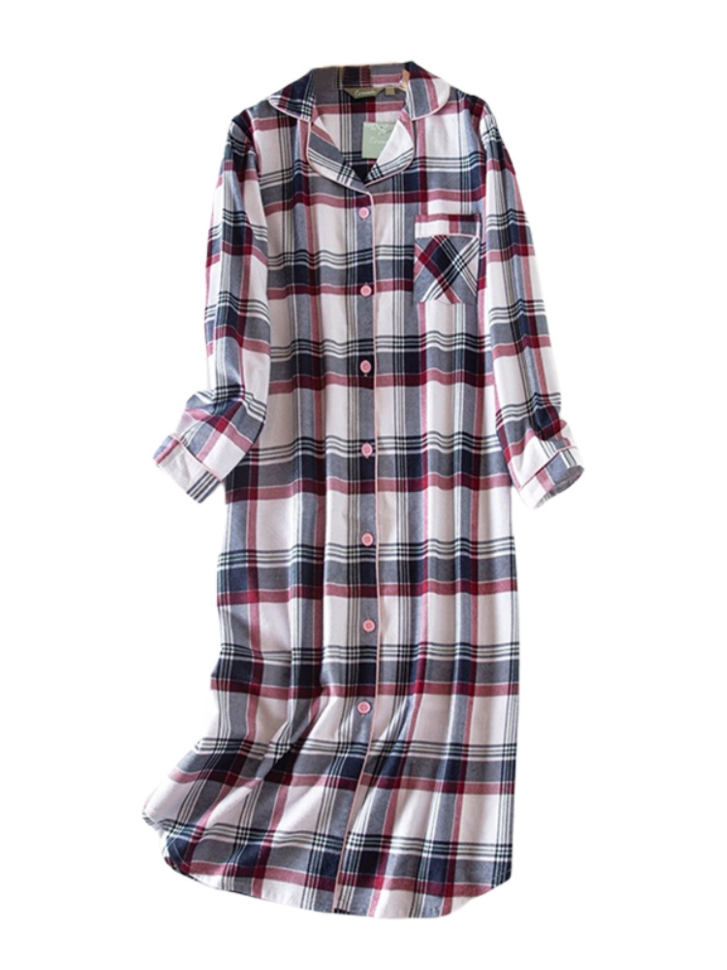 Women's Sleep Shirt Flannel Print Pajama Top Button-Front Nightshirt ...
