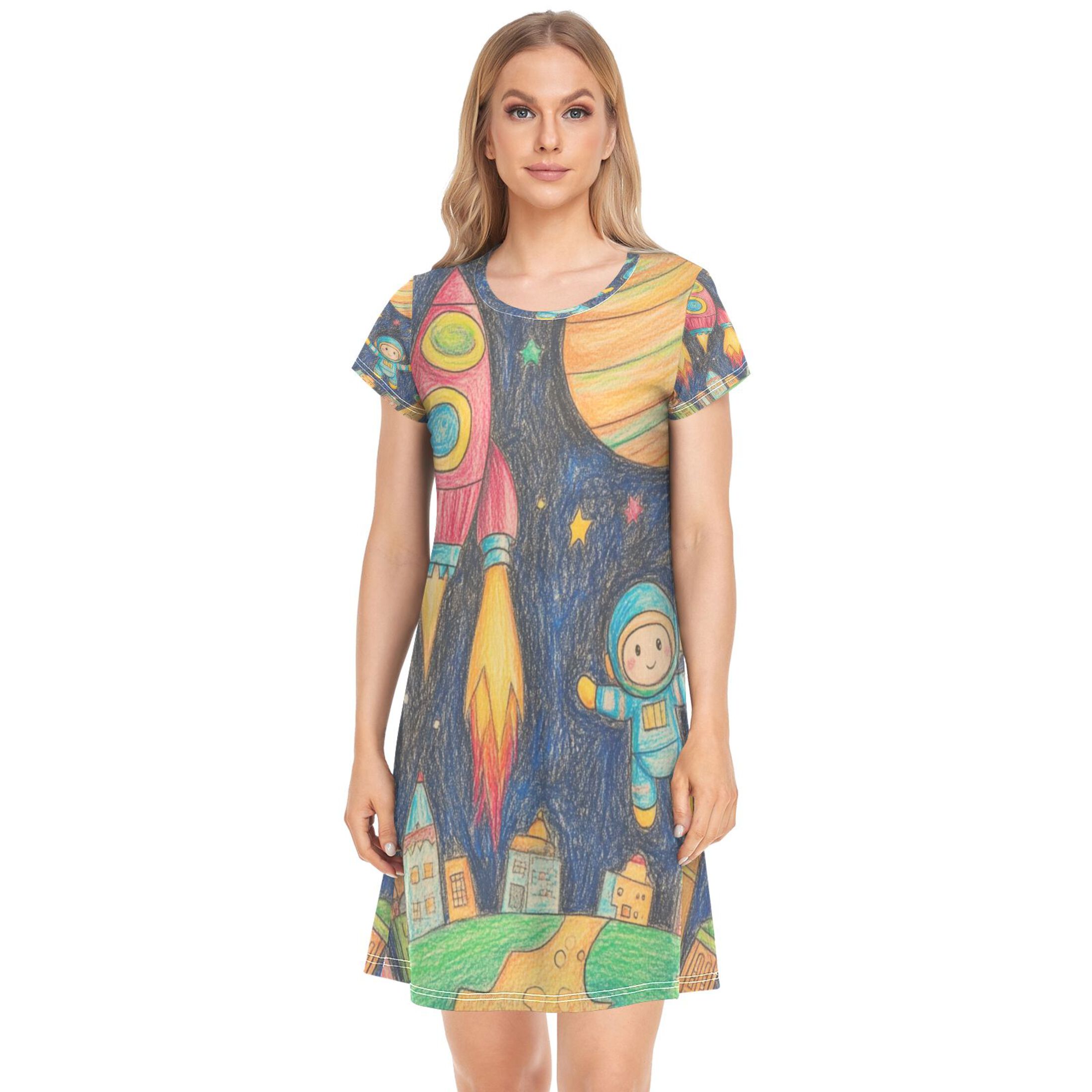 Women's Sleepshirts Astronauts and Rocket Crayons Drawing Nightgowns ...