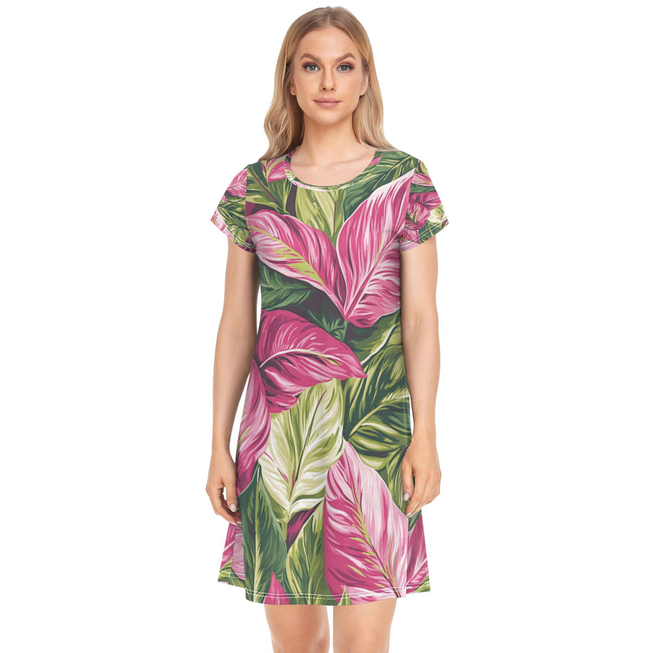 Women's Sleepshirts Pink and Green Tropical Leaves Nightgowns Sleep for ...