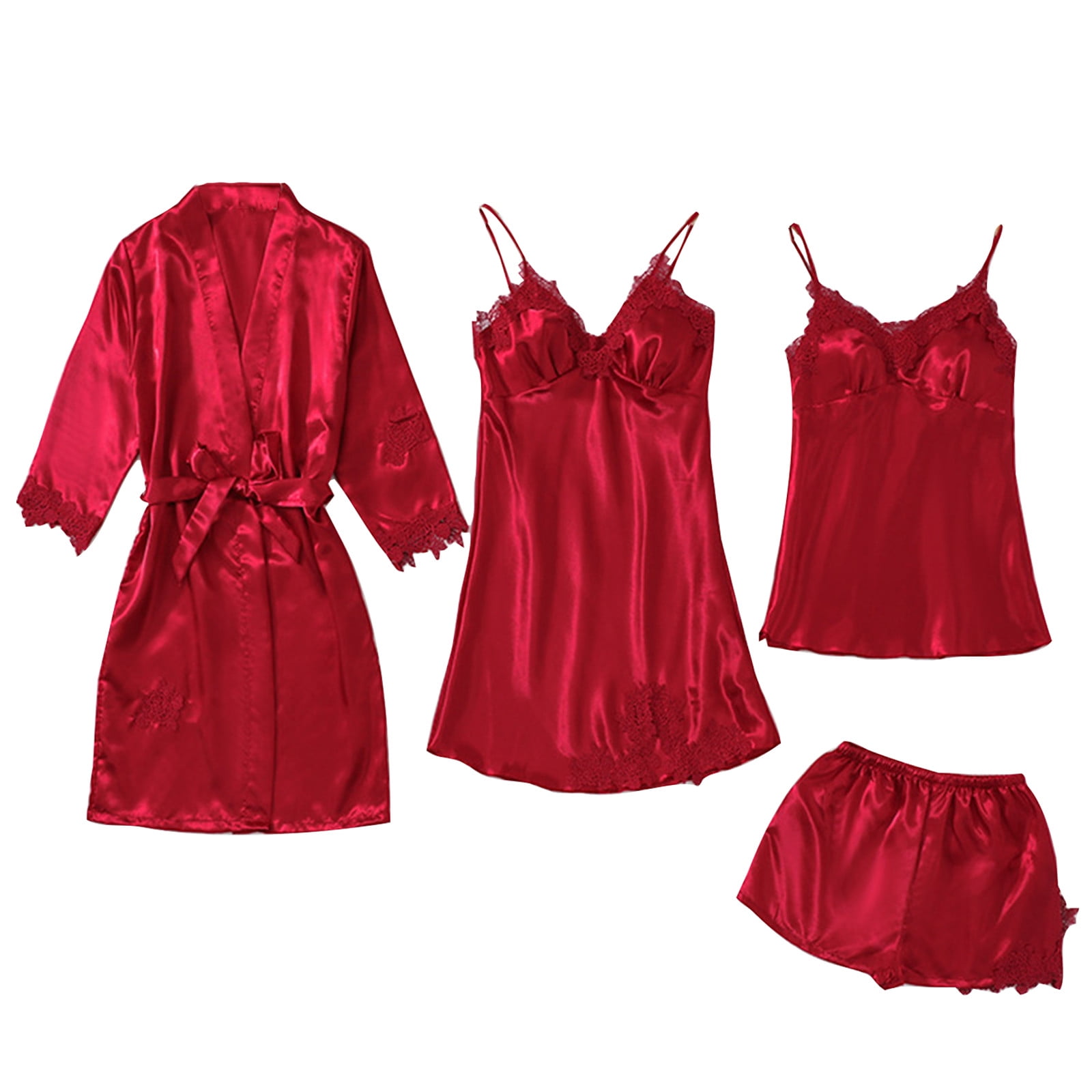 Women's Sleepwear 4pcs Silk Satin Pajama Set Sexy Lace Cami Top ...