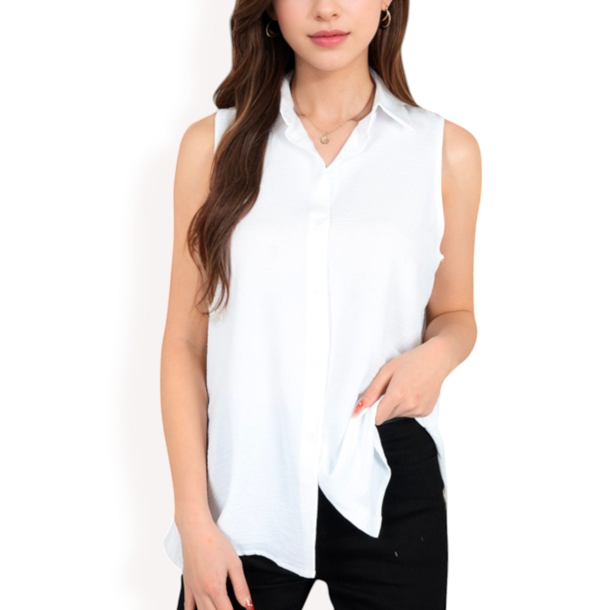 Women's Sleeveless Button-Down Collared Top with Lightweight Textured ...