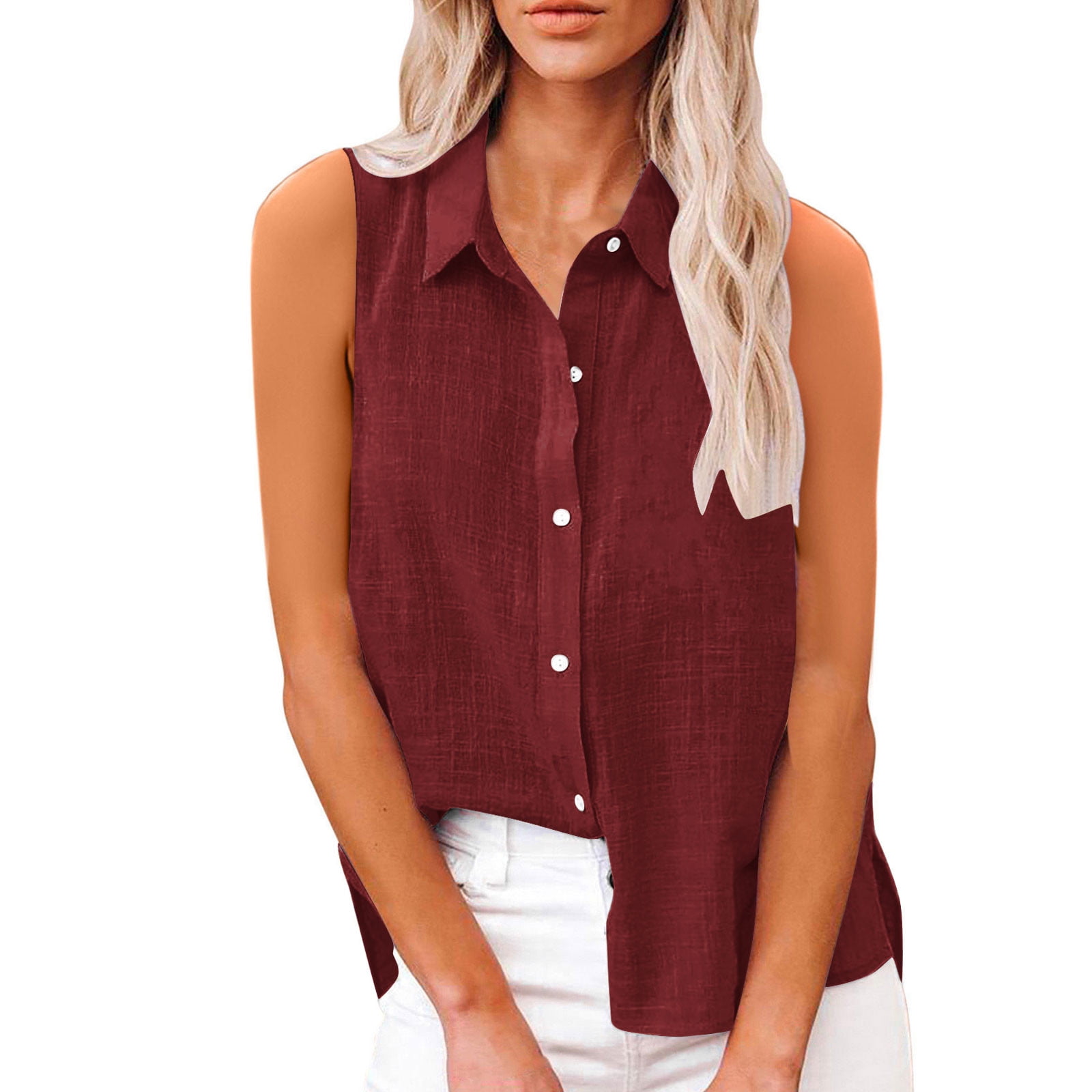 Women's Sleeveless Button Down Shirts Blouses Solid Casual Linen V Neck ...