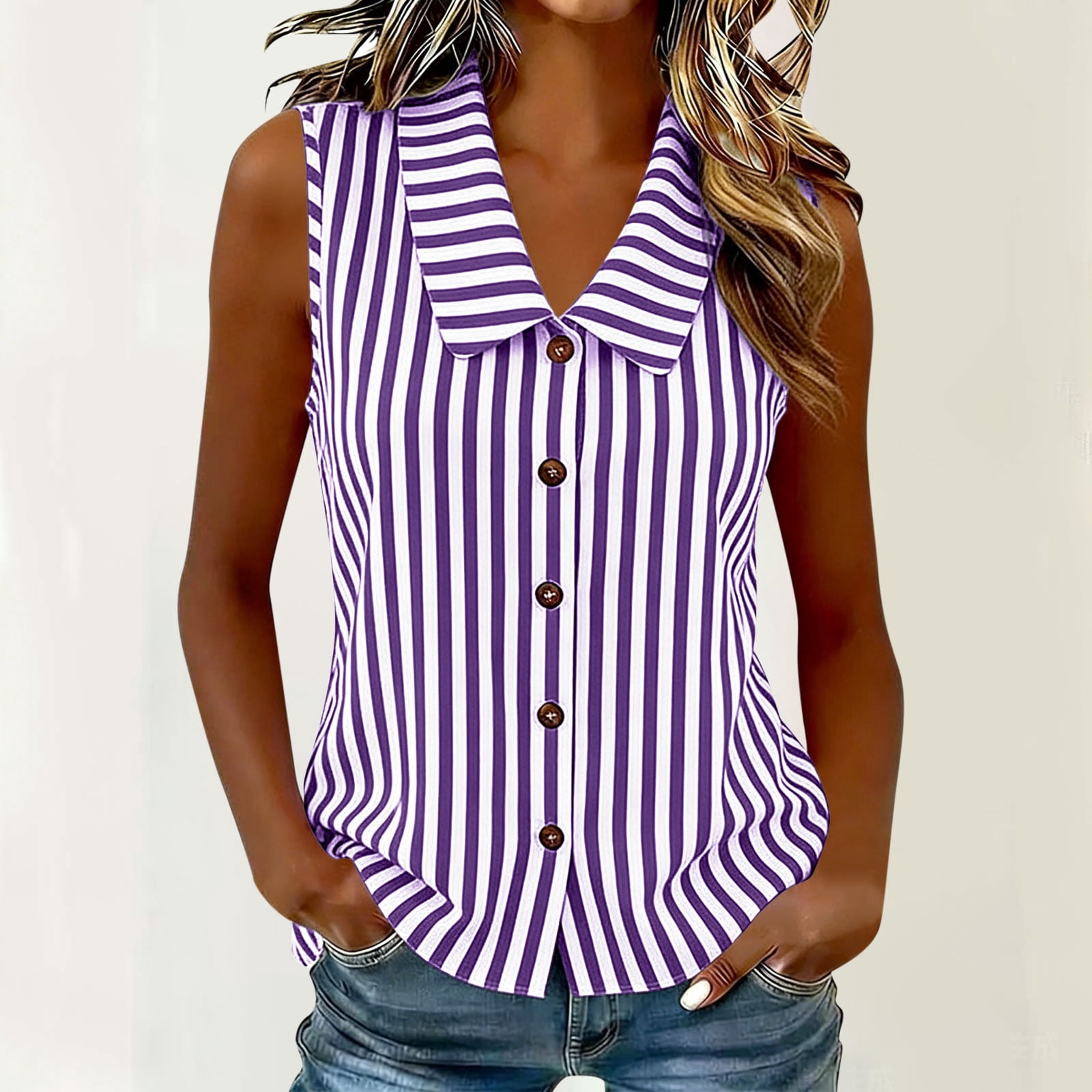 Women's Sleeveless Cardigan Top, Stripe Lapel Doll Collar Knot Button ...