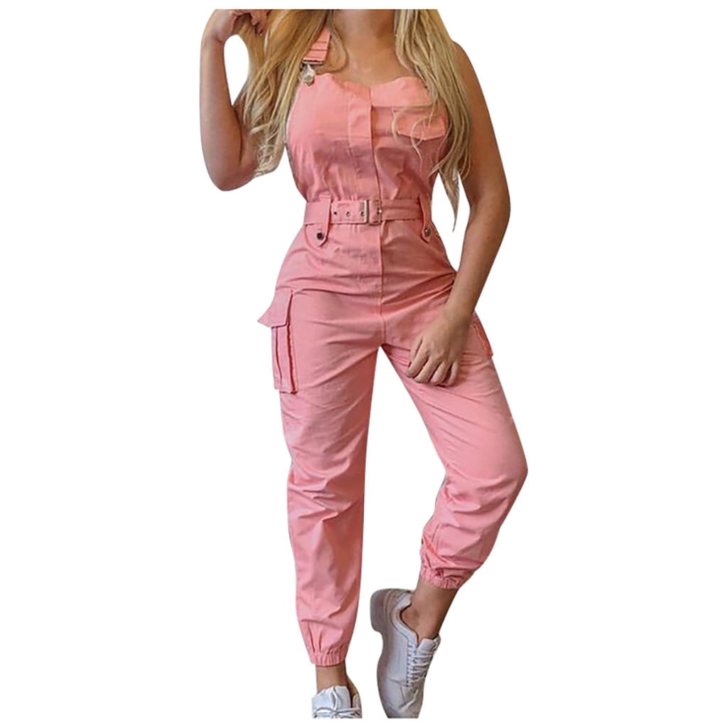 Women's Sleeveless Cargo Overalls Adjustable Straps Pockets Belted ...