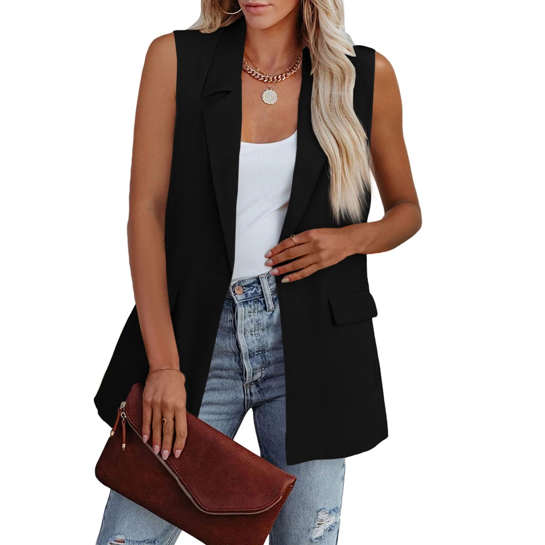 Women's Sleeveless Casaul Open Front Blazer Vest Office Button Tank Coat - Walmart.com