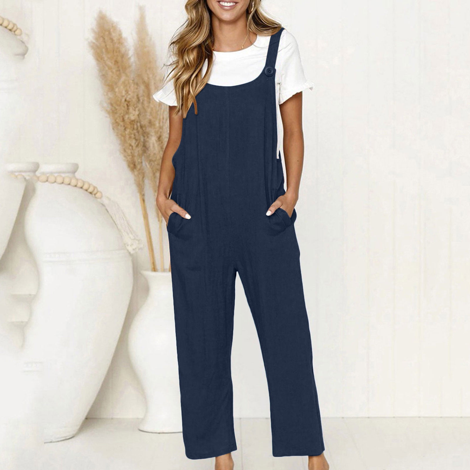 Women's Sleeveless Cotton Linen Overalls Rompers Baggy Wide Leg ...