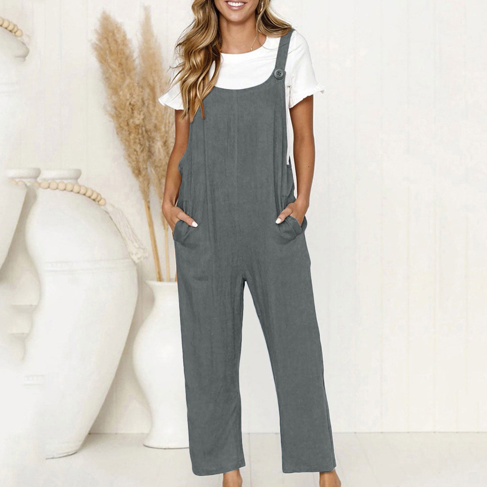 Women's Sleeveless Cotton Linen Overalls Rompers Baggy Wide Leg ...