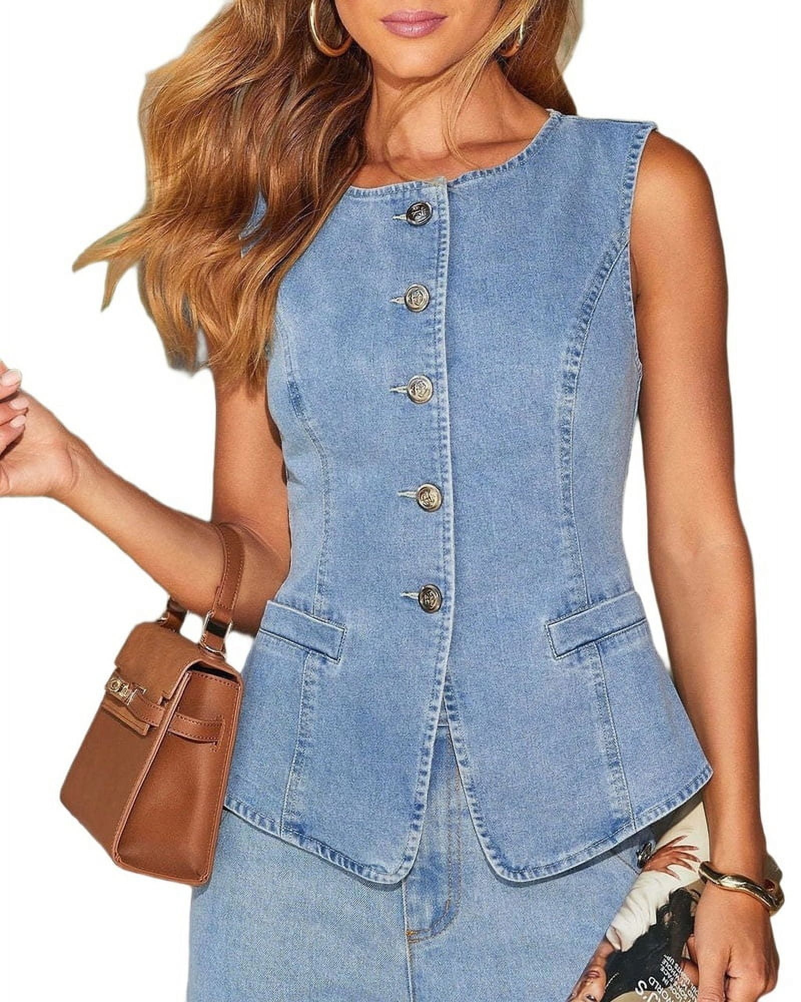 Womens Button Down Vest Tops Sleeveless Fitted Jean Tank Tops Summer ...