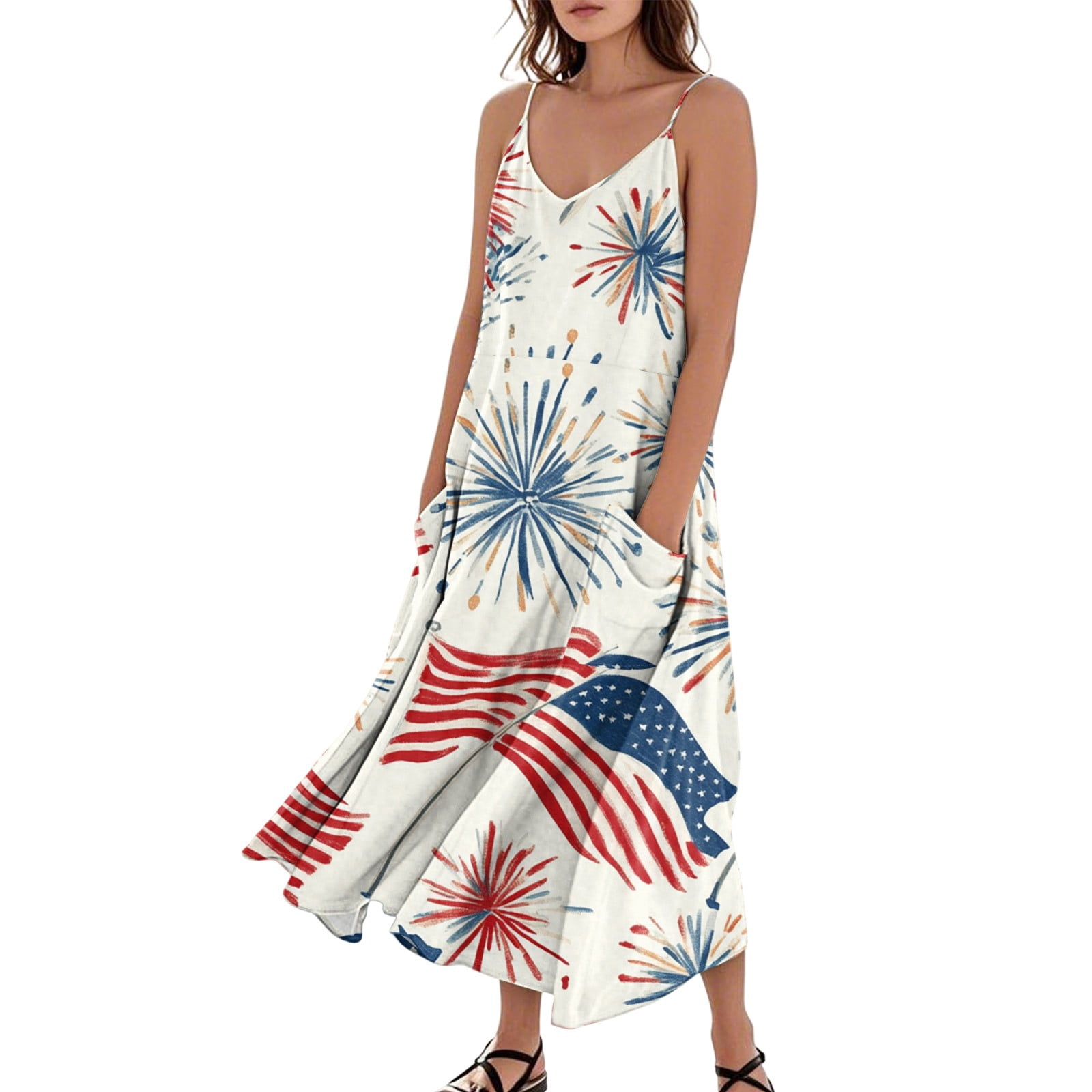 Women's Sleeveless Feather Print V-Neck Maxi Dress, Lightweight Flowy ...